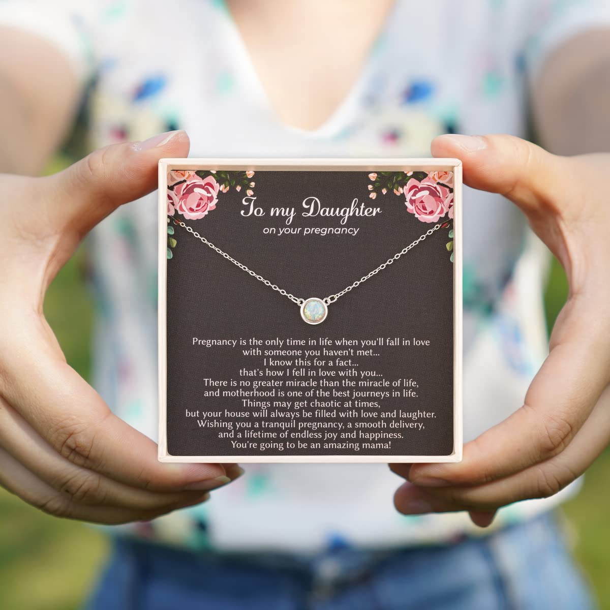 RareLove First Time Mom Gift,Daughter Pregnancy Gift from Mom,Baby Shower Gifts,925 Sterling Silver White Opal Necklace Gift For Mom to be,Expecting Mom,Daughter Push Gift