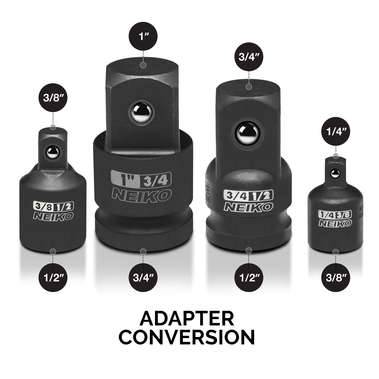 NEIKO 30223A 8 PC Impact Socket Adapter Set, Standard SAE Size, Cr-V Steel, Impact Driver & Wrench Conversion Kit, Locking Impact Socket Adapters & Reducer Set, Ball Detent, 1/4β, 3/8β, 1/2", 3/4β, 1β