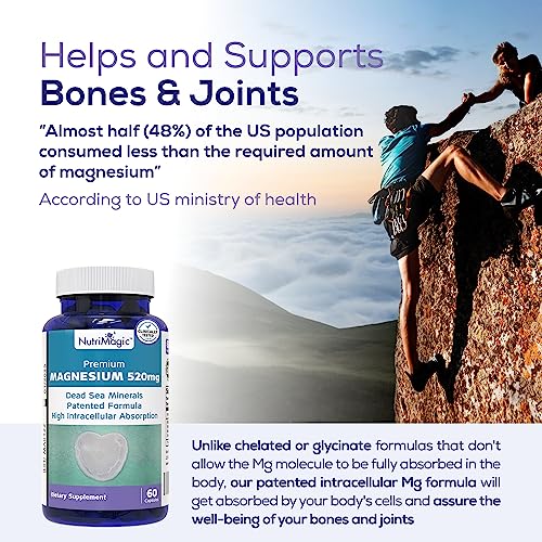 NutriMagic Elemental Magnesium 520mg Patented High Absorption, Natural Dead Sea Mineral Complex from Magnesium Oxide for Heart, Muscle, Bone, Brain Health Support, 1 Capsule Per Day, 60 Vegan Capsules