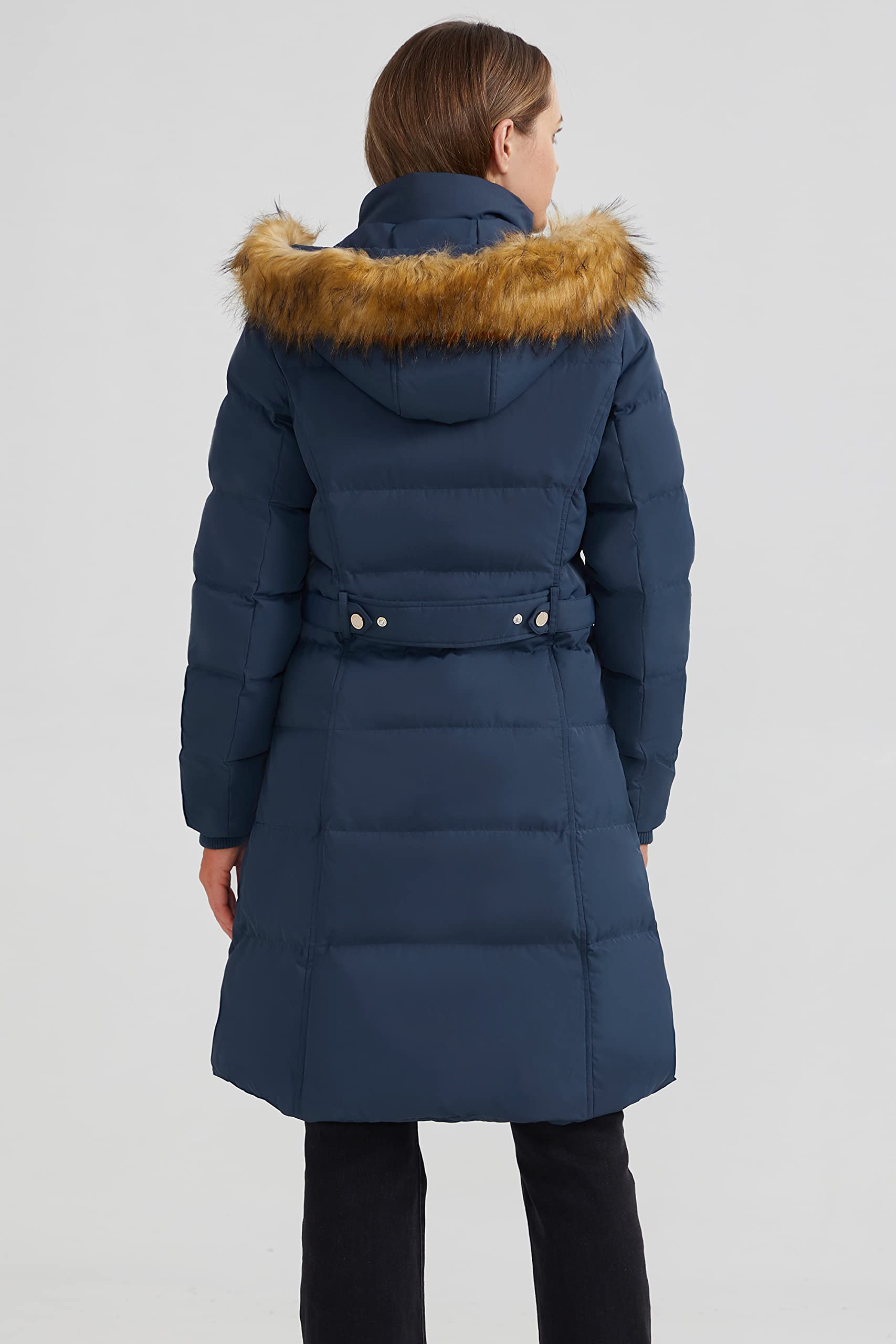 Orolay Quilted Down Jacket Women Winter Long Coat Puffer Jacket with Fur Hood Navy L