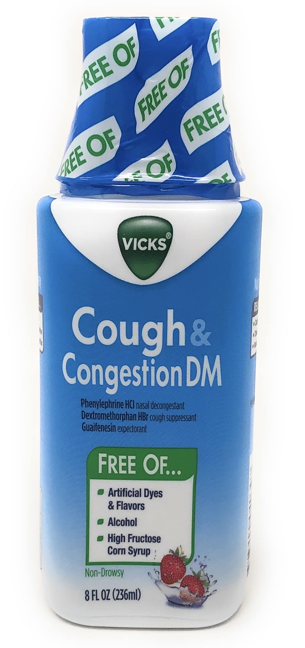 Vicks Cough & Congestion DM, Non-Drowsy Liquid, Free of Artificial Dyes & Flavors, Strawberry Flavor, 8 FL Oz