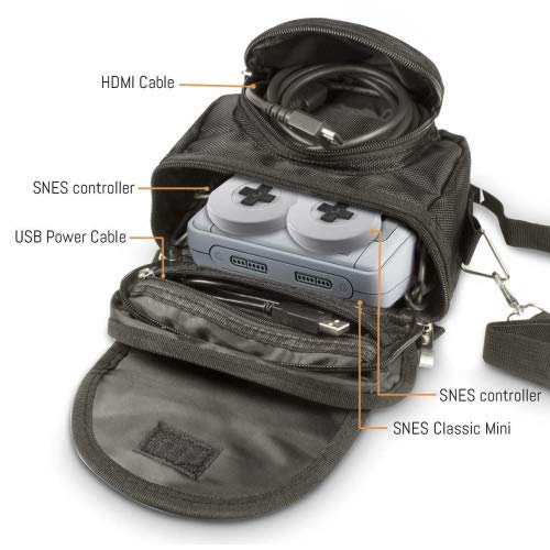 Orzly SNES MINI Travel Bag for Super Nintendo Mini Classic Edition (New 2017 Model Mini Version of Super NES) - Fits Console + Cable + 2 Controllers - includes Shoulder Strap + Carry Handle - BLACK