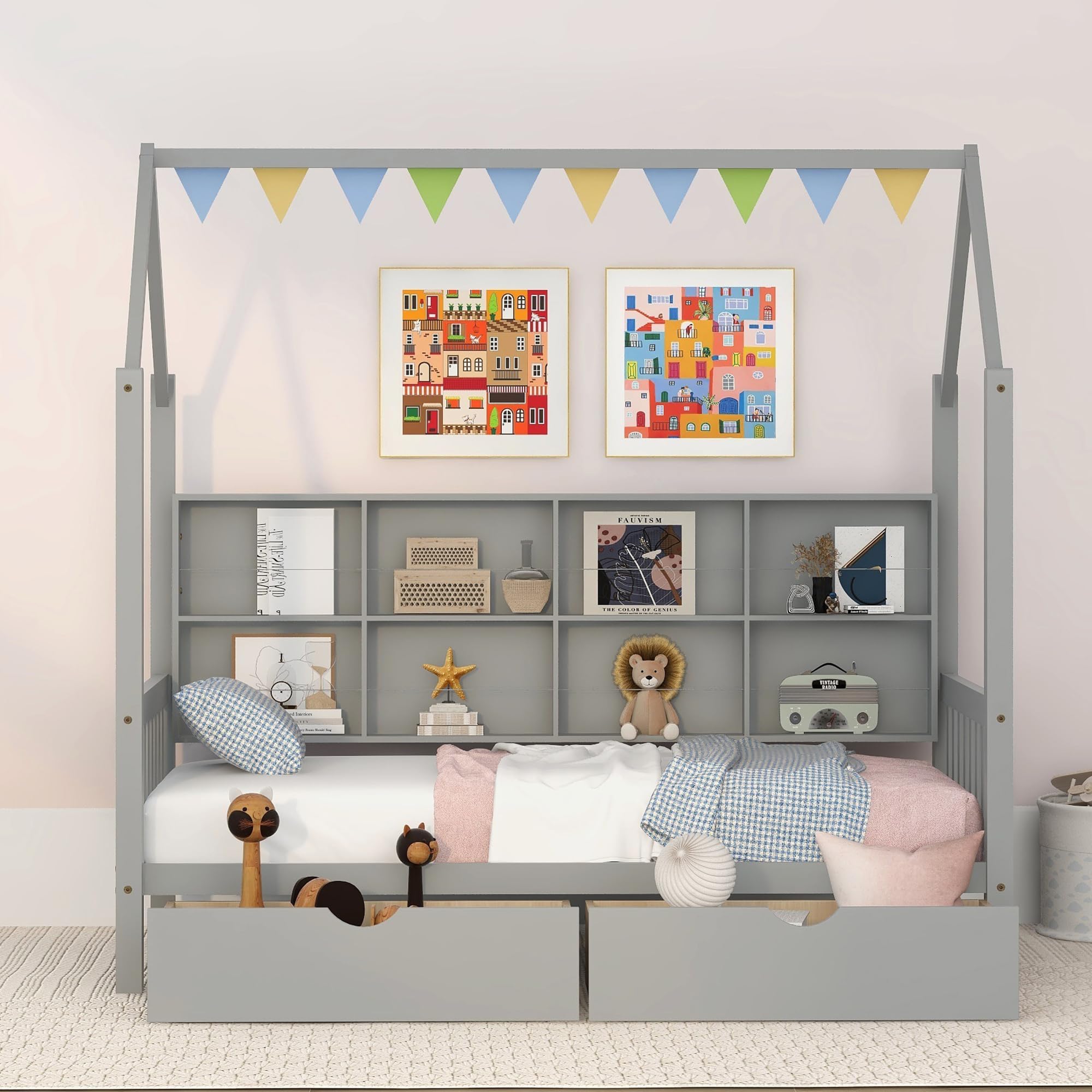 Pink House Beds with Trundle and Storage Shelves for Kids Montessori Bed Wood Playhouse Tent Bed Frame for Girls Boys, Twin Size