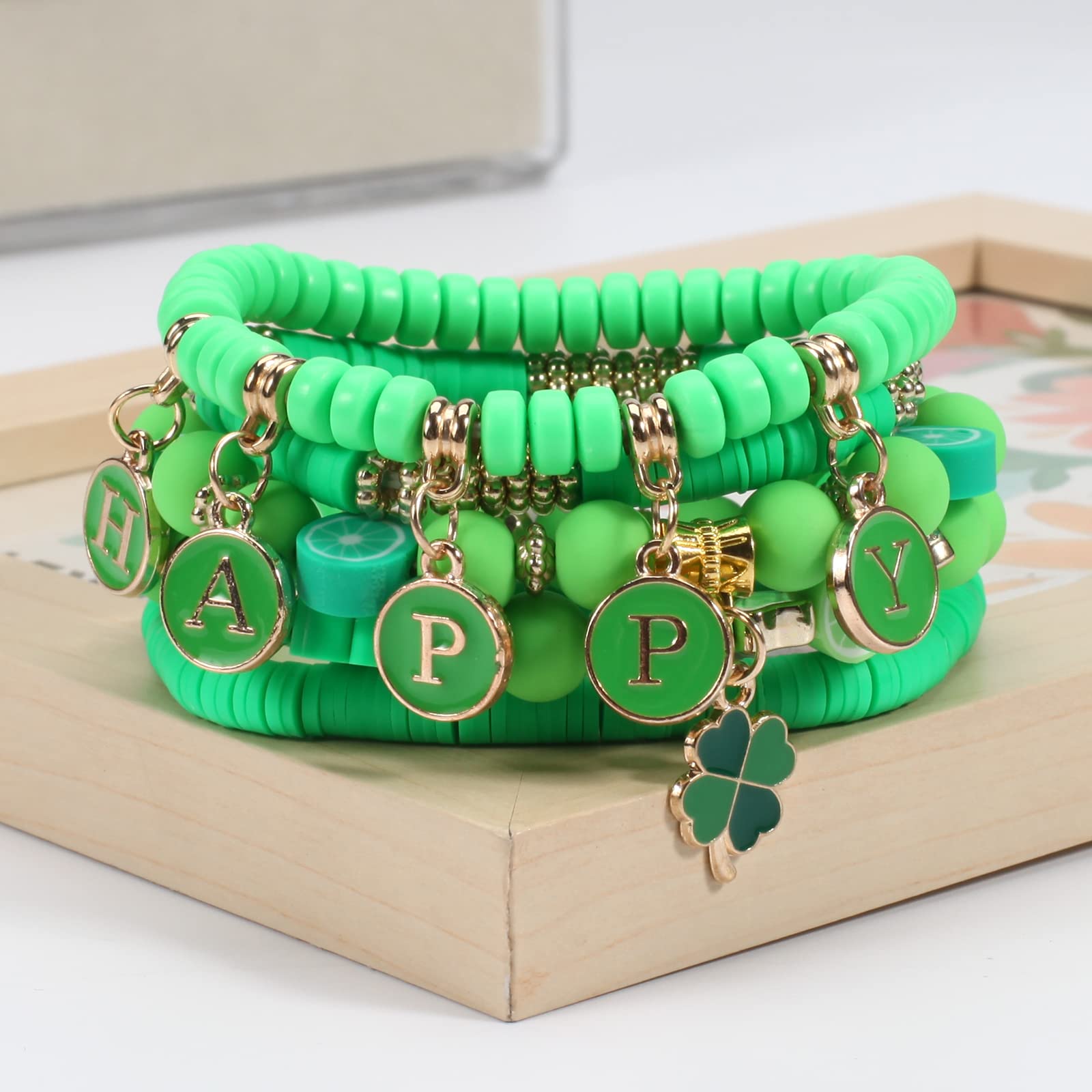 Twinfree St. Patrick's Day Bracelets for Women Stretch Stackable Green beads Bracelet with Shamrock HAPPY Letters