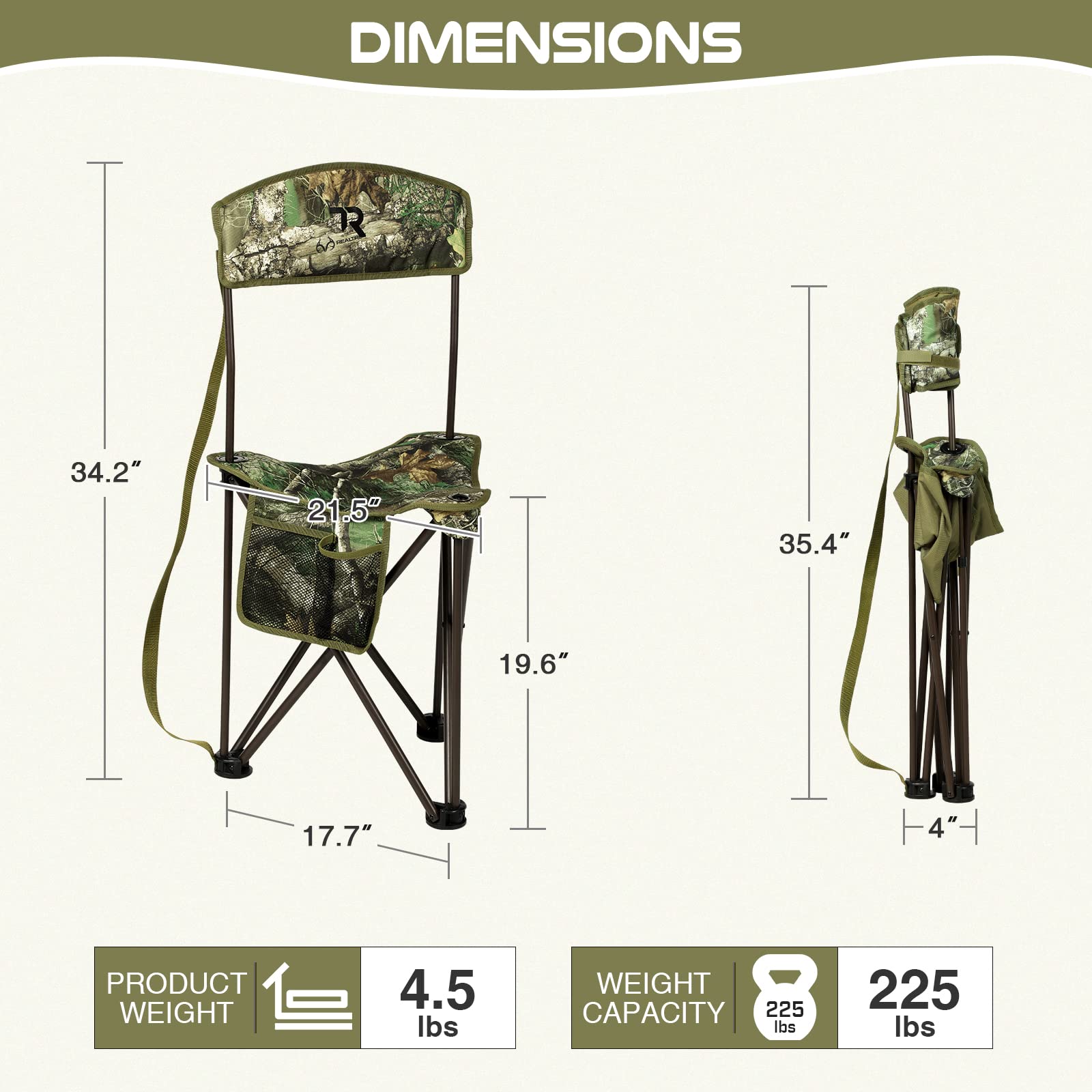 TR Tall Camping Stool Lightweight Portable Tripod Chair with Backrest Folding Tripod Stool for Adults Camping Fishing Hunting with Carry Strap