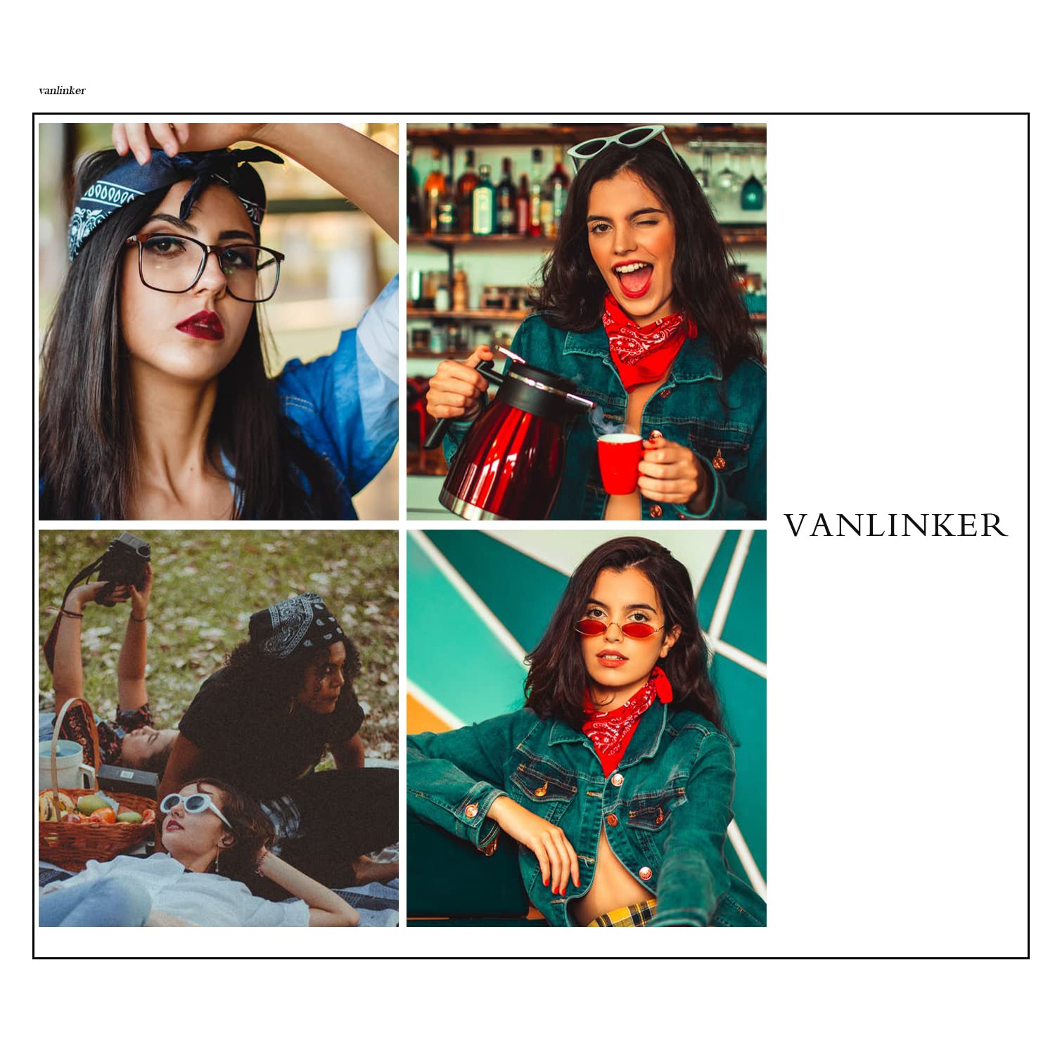 VANLINKER Vintage Bandanas Square Multi-Purpose Scarfs for Men Women Silk Like Scarf Neckerchief Protective Coverage VL9549 Black,Caramel,Green,Oatmeal