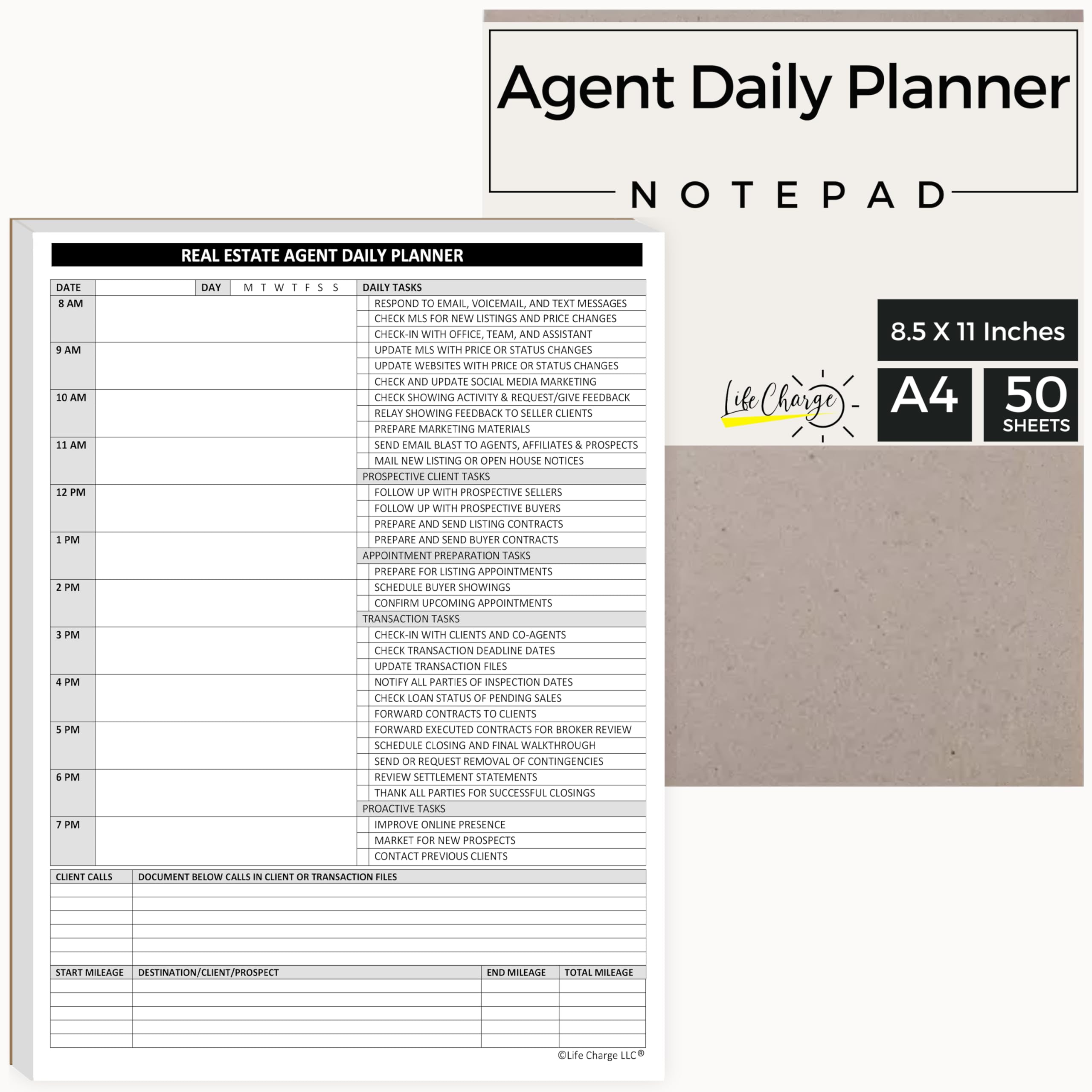 Real Estate Agent Supplies - Daily Planner Task List Notepad. Simple one page document with calendar, task lists, call and mileage log. Keep organized & focused on selling real estate. 8.5 X 11