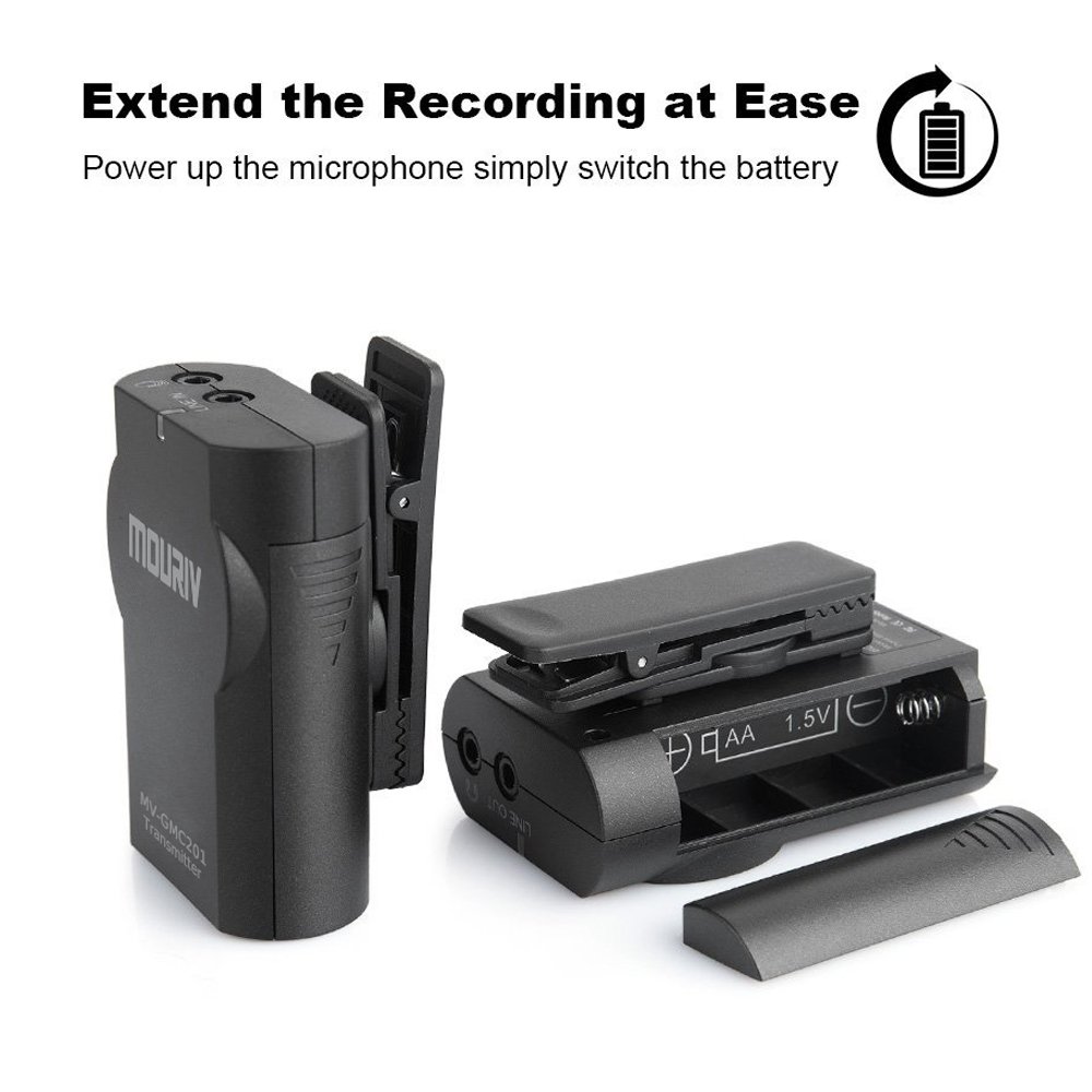 MOURIV MV-GMC201 2.4G Wireless Lavalier Microphone System Compatible with iPhone 11 X 8 8 Plus 7 6 Smartphone,Canon 6D 600D Nikon D800 D3300 Sony A7 A9 DSLR GoPro Action Cameras