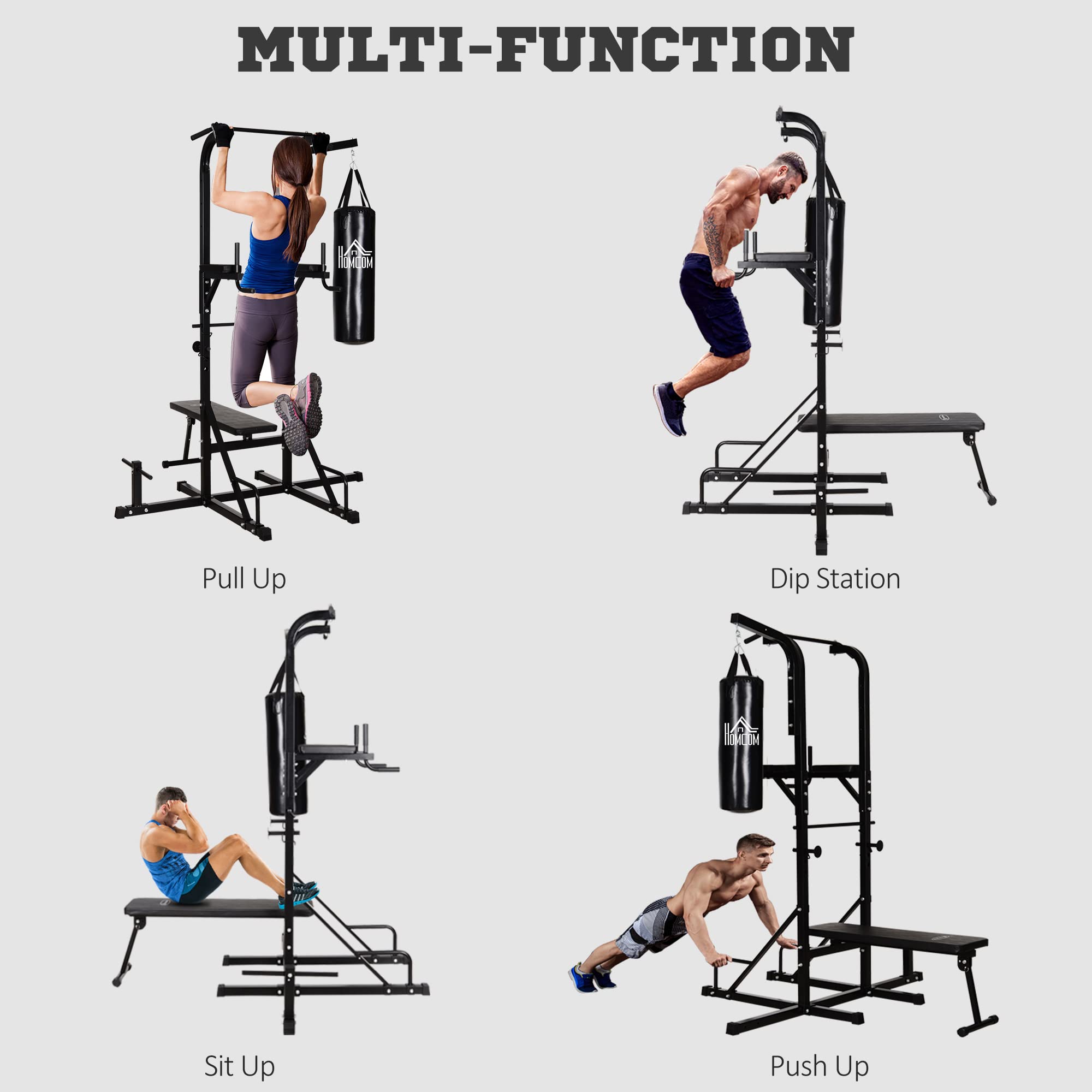 Soozier Heavy-Duty Power Tower Dip Station Pull Up Bar with Foldable Workout Bench and Punching Bag, Multi-Functional Adjustable Strength Training Equipment Power Rack Fitness Equipment for Home Gym