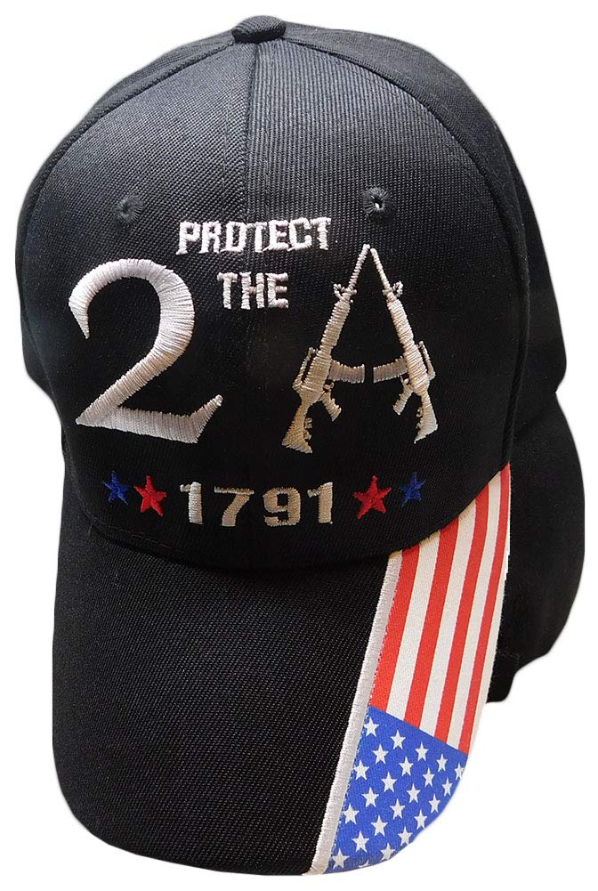 Protect The 2A 2nd Amendment 1791 USA Flag On Bill Embroidered Black Cap Hat