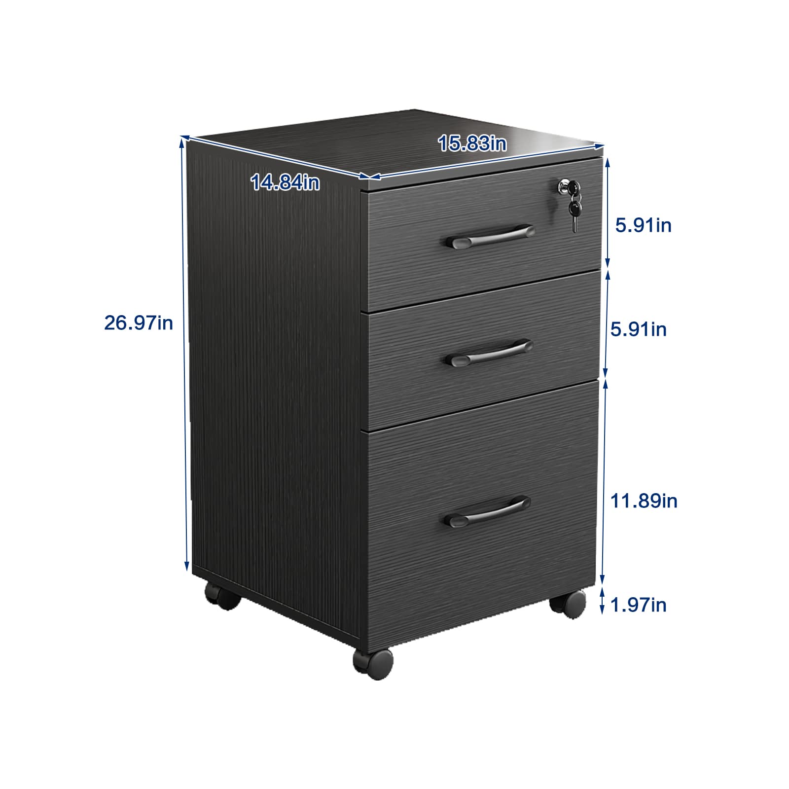 NEWSENDY Rolling File Cabinet: Slim White File Cabinet with Lock, 3-Drawer Under Desk Office Filing Cabinet for Letter/Legal Size Documents, Ideal for Home Office (Black)