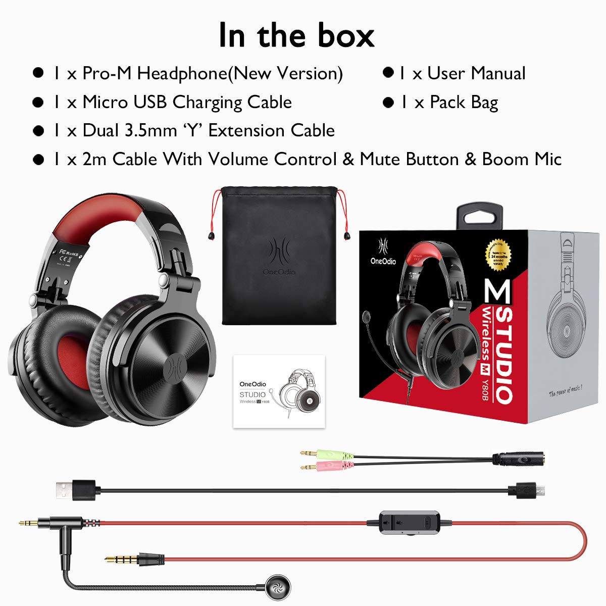 OneOdio Bluetooth Over Ear Headphones with 110Hrs Playtime Wired Gaming Stereo Headsets with Boom Mic for PS4, Xbox one, PC, Wireless Headset for Phones, Laptop, Office - Studio Wireless(Y80B) (Red)