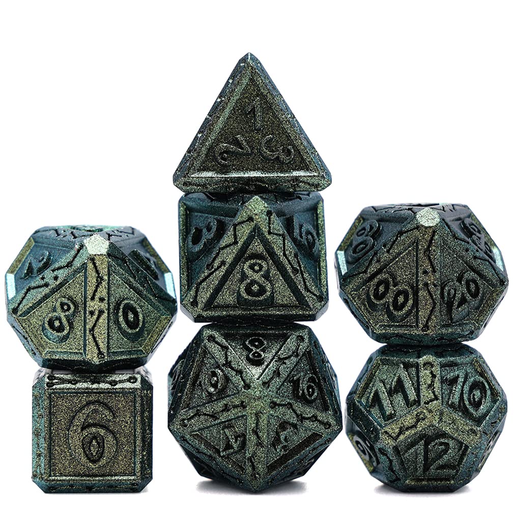 YEMFIRE Original Stellar Bones Dice,7 PCS Solid Metal Dice for Role-Playing Game D&D,RPG Dice Set for Board Game MTG Polyhedral D20 Dice (Green)