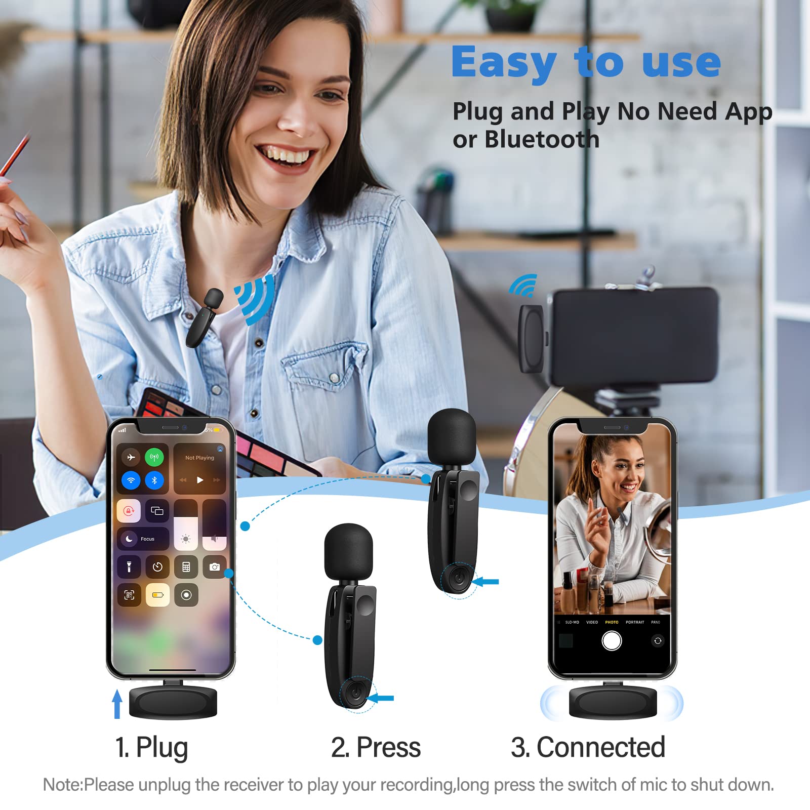 Wireless Lavalier Microphone for iPhone iPad Plug&Play Auto-sync Noise Reduction Lapel Mic Professional Video Recording Clip-on Lav Mic for Live Stream YouTube TikTok Facebook Interview (ONE CLIP)