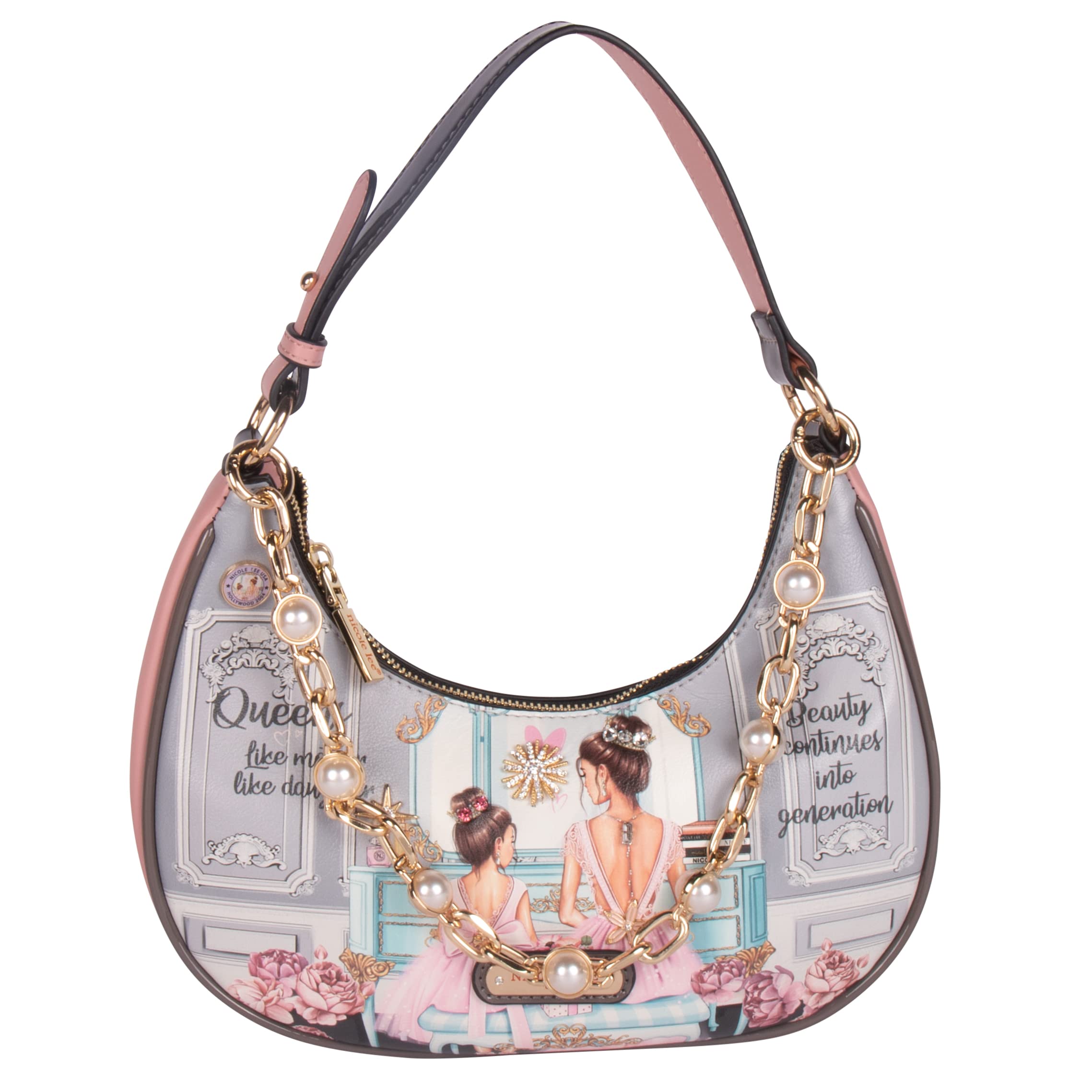 Nicole Lee Pearl Chain Link Embellished Shoulder Bag, Fashion Print Small Handbag, Removable Crossbody (Double Queens)