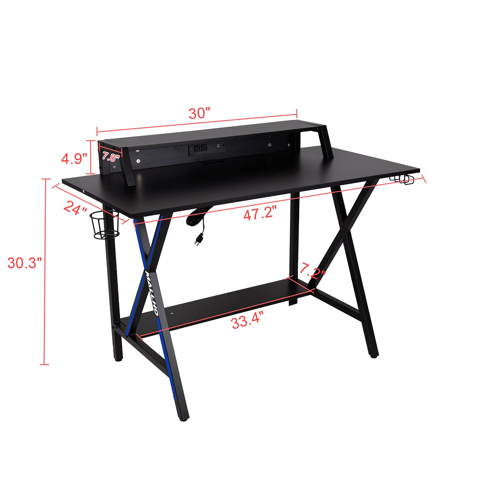 Polar Aurora X-Shaped Gaming Desk 47.5" W x 23.5" D Home Office Computer Table, Black Gamer Workstation w/a Monitor Stand, Cable Management Hole and Built-in Multi-Function Socket(Blue)