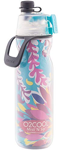 O2COOL Arctic Squeeze Insulated Mist 'N Sip Water Bottle | 2 Pack- 20 oz | BPA Free, 2-in-1 Mist and Sip Function w/No Leak Pull Top Spout (Ras Ombre/Tropical)