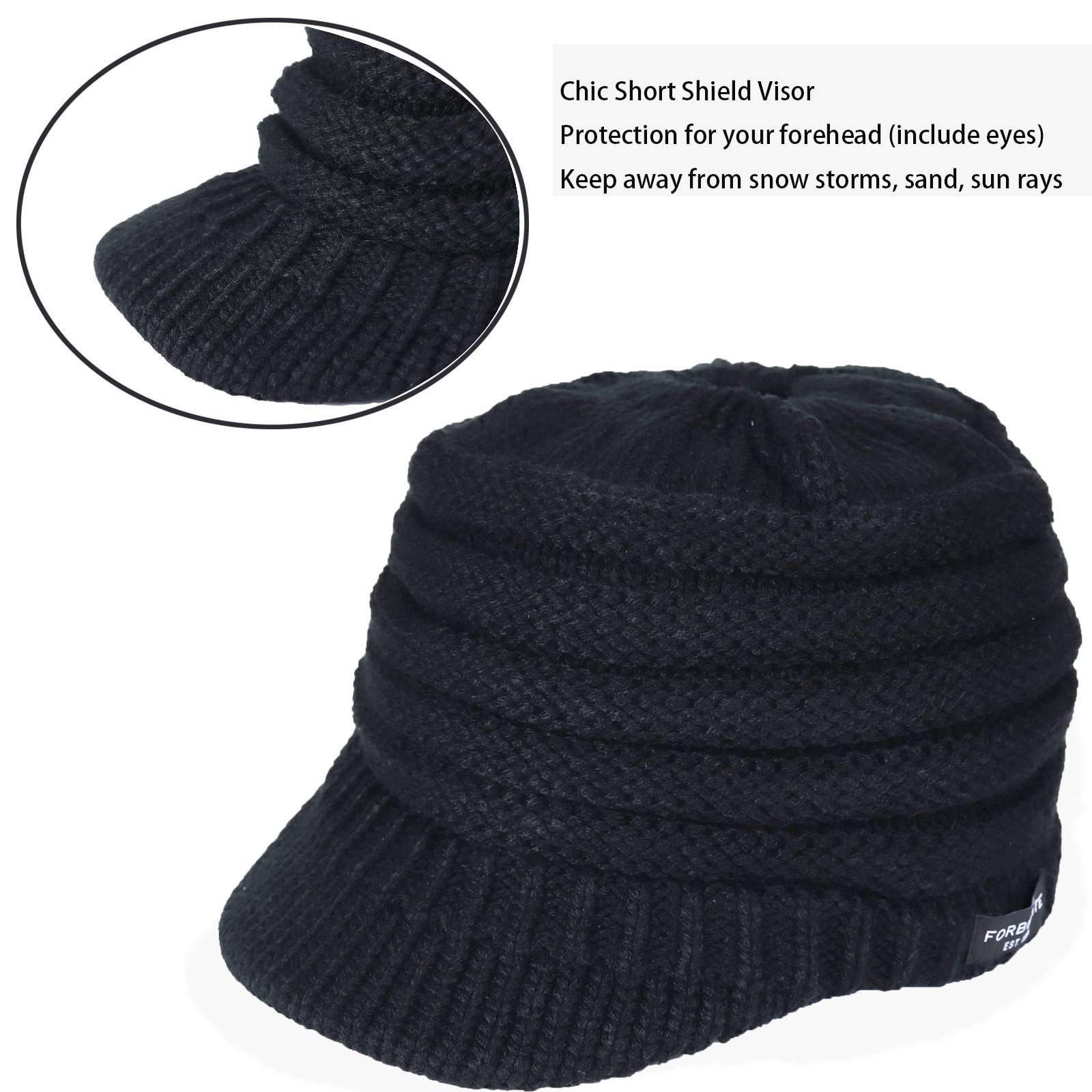PGTEN Women Knit Messy Bun Ponytail Visor Beanie Hat β Fleece Linning (Black)