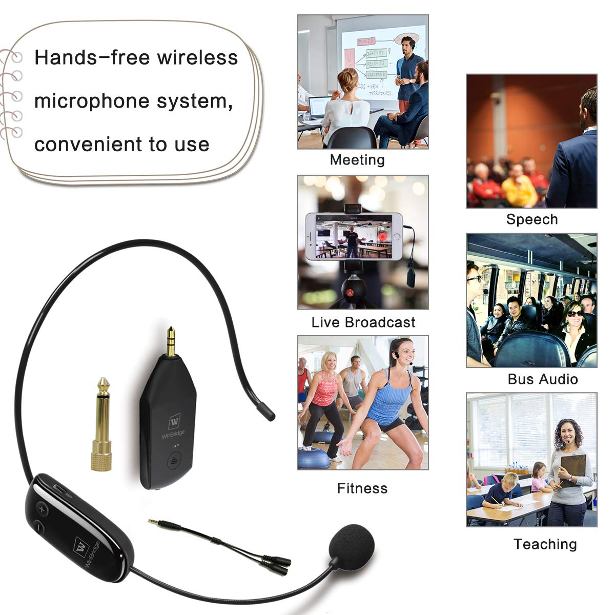 UHF Wireless Microphone Headset,165 ft Range,Headset Mic&Handheld Mic 2 in 1,Cordless Mic for Fitness Instructors,1/8"&1/4" Adapter,Suitable for Voice Amplifier,Pa System,PC and Phone