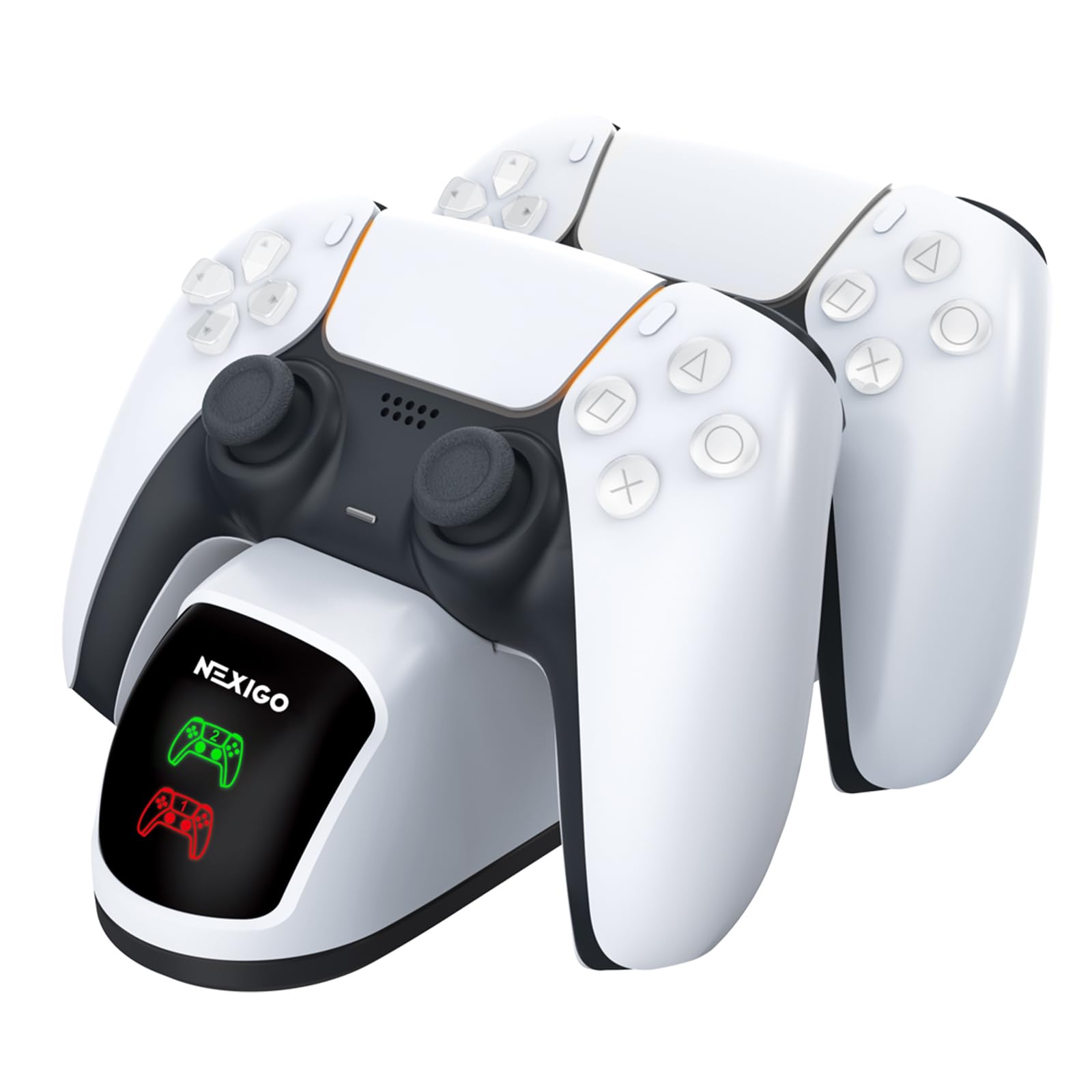 NexiGo PS5 Controller Charging Station, Fast Charging AC Adapter with Thumb Grips & Trigger Extenders, Controller Charger for Dual Playstation 5 Controllers, Charging Dock with LED Indicator, White