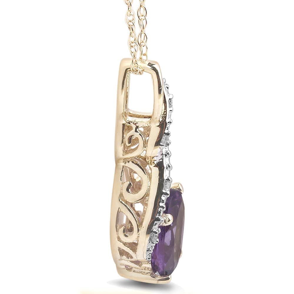 Oval Twist Amethyst Pendant Necklace Diamond Accent in Solid 10kt Yellow Gold - 18 Inch Rope Chain