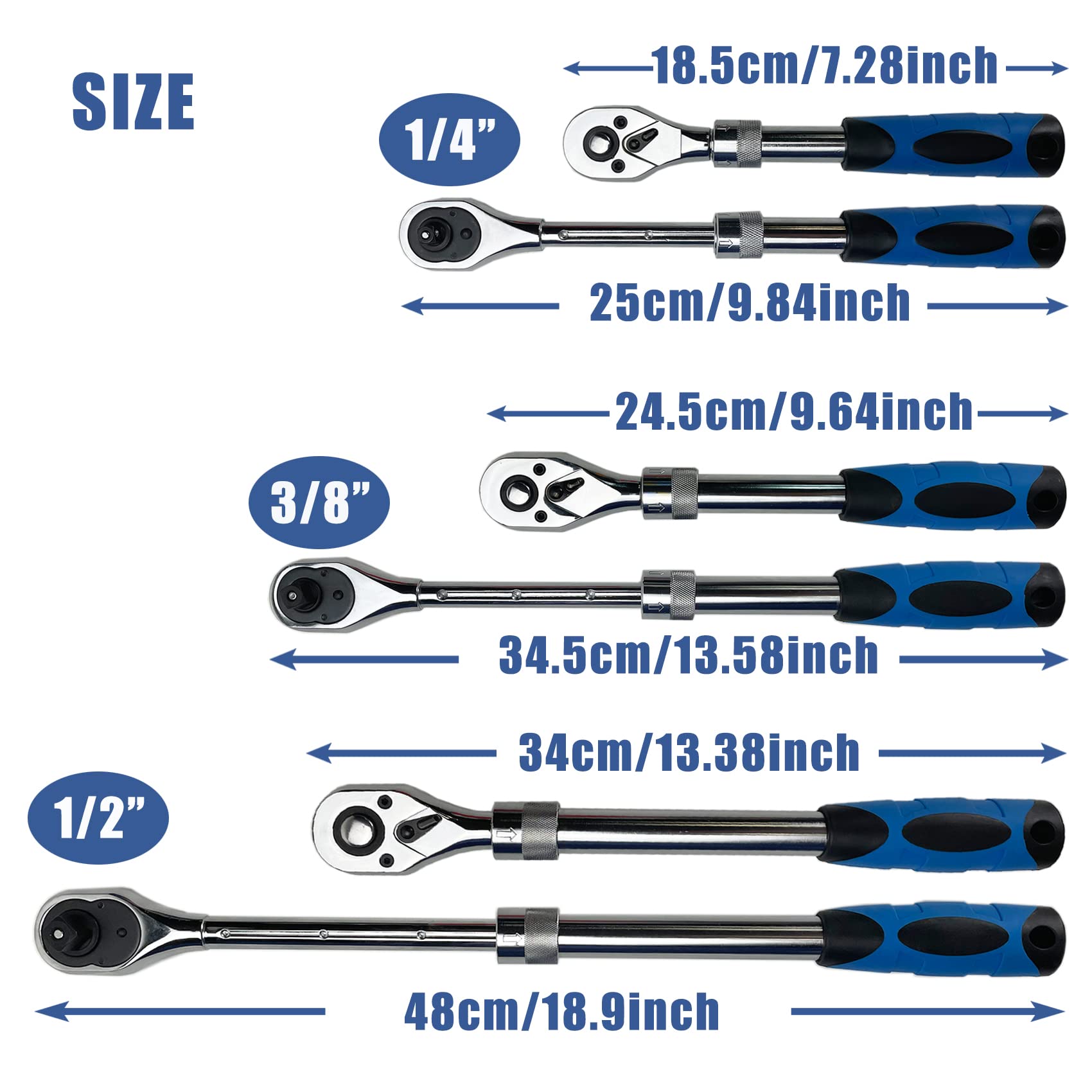 TR TOOLROCK 3 Piece Extendable Ratchet Set, 1/4β, 3/8β, 1/2β Drive, 72-Tooth Ratchet Wrench, Quick-release Reversible Drive Socket Wrench, Heavy Duty CR-V Ratchet Set