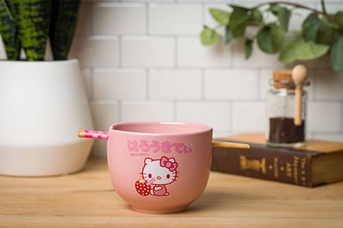 Silver Buffalo Sanrio Hello Kitty Strawberry Milk Japanese Character Ceramic Ramen Rice Bowl with Chopsticks, 20 Ounces, Pink