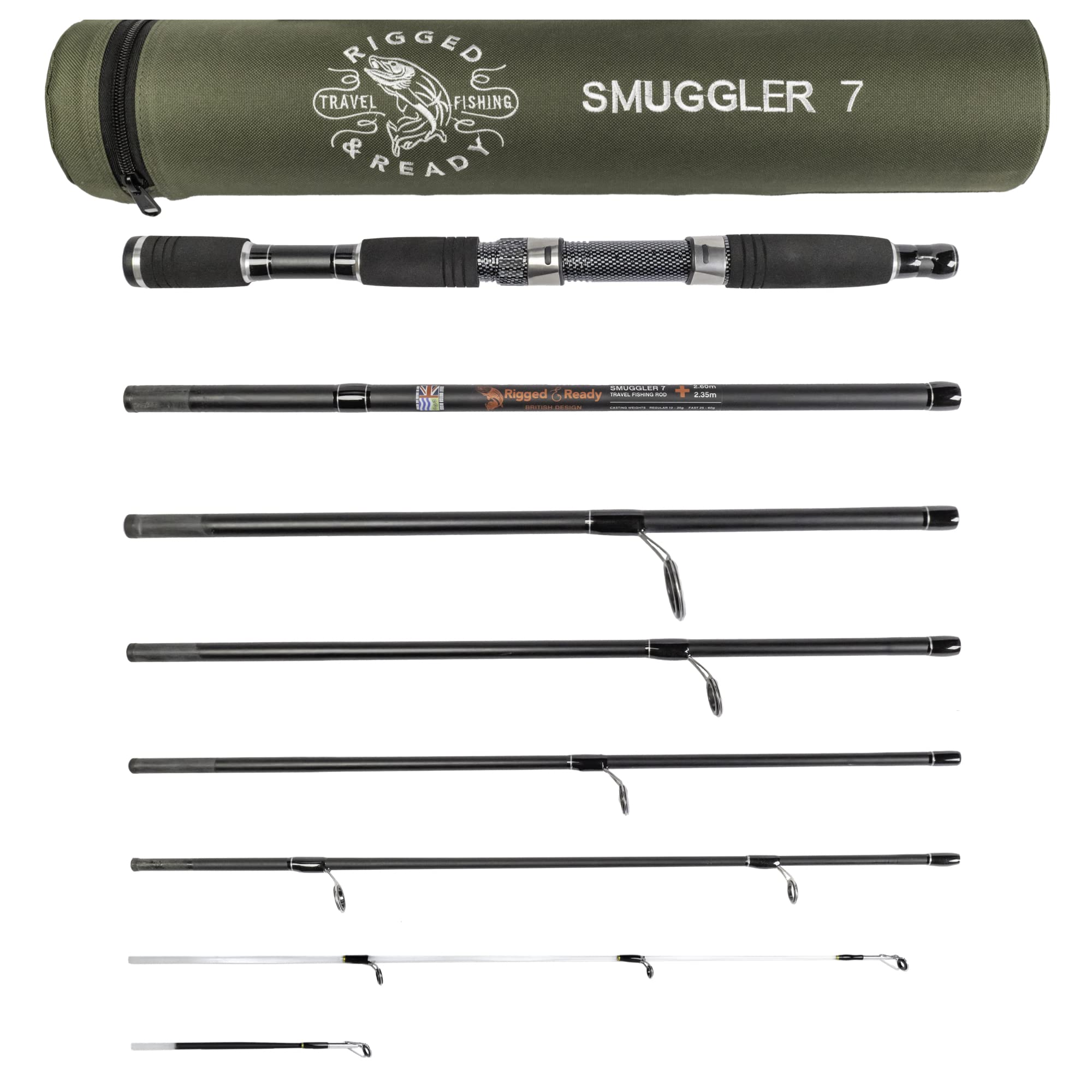 Rigged and Ready Smuggler 7 Travel Fishing Rod & Case. Compact Yet Powerful 8.5’ (235cm) Rod, with 2 Tips, for Spin and General Fishing. The Most Powerful Smuggler Rod for Fish up to 20lbs (10kg)