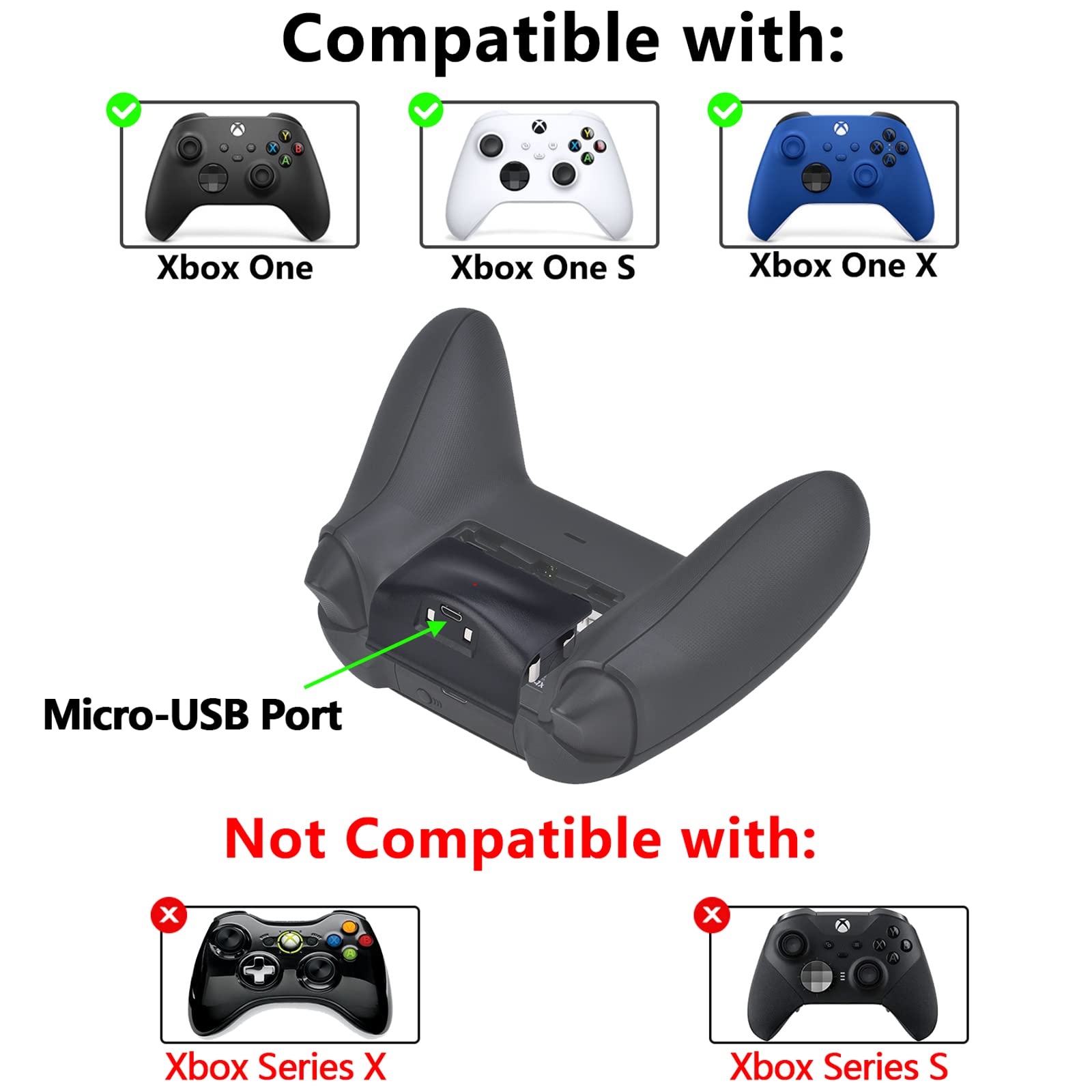 Tectra Rechargeable Battery Pack for Xbox One, 2X 1400mAH Controller Battery Play and Charge Kit for Xbox One/One X/Elite with Charging Cable