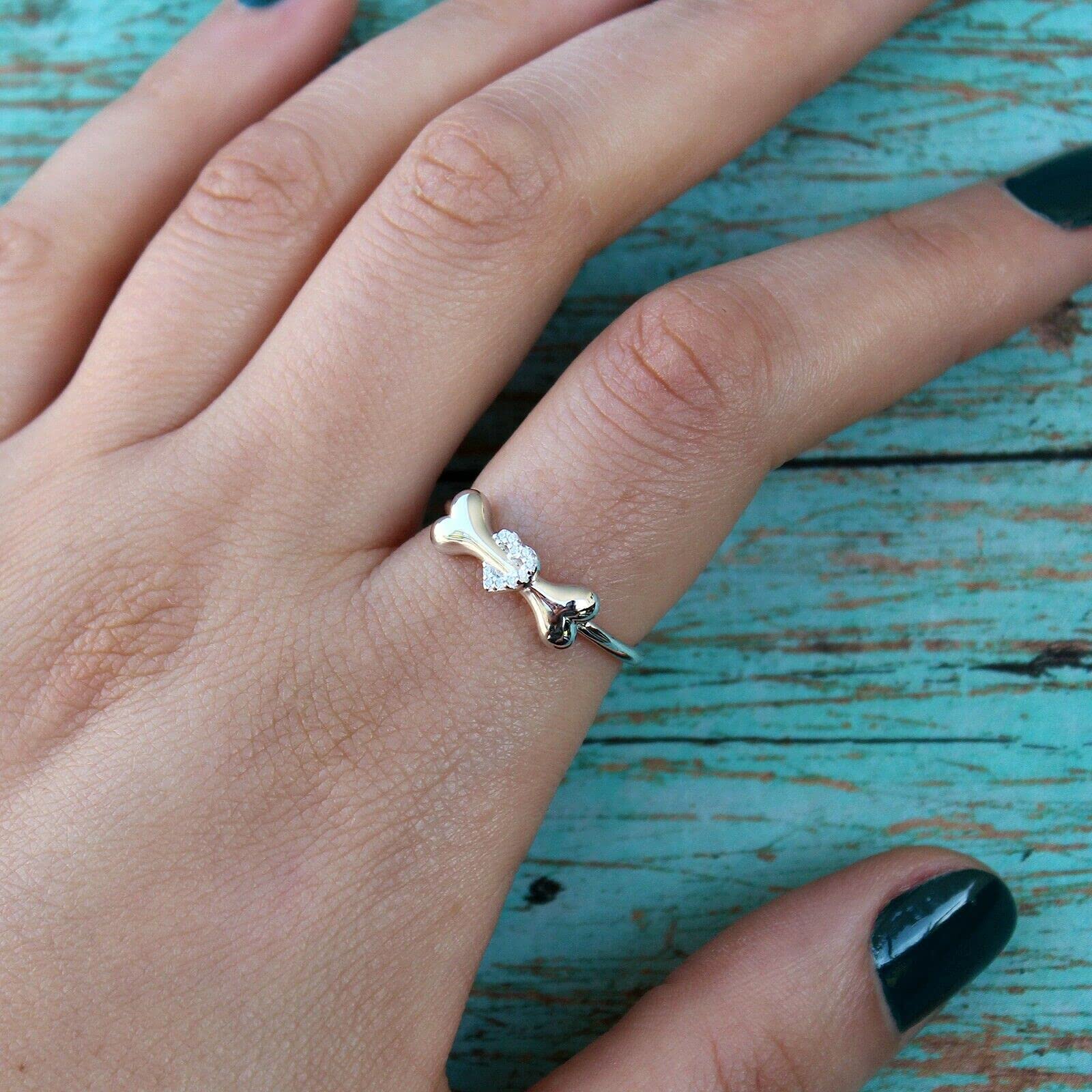 Sterling Silver 925 Dog Bone Ring Puppy Bone & CZ Heart Ring Pet Lover Jewelry (6)