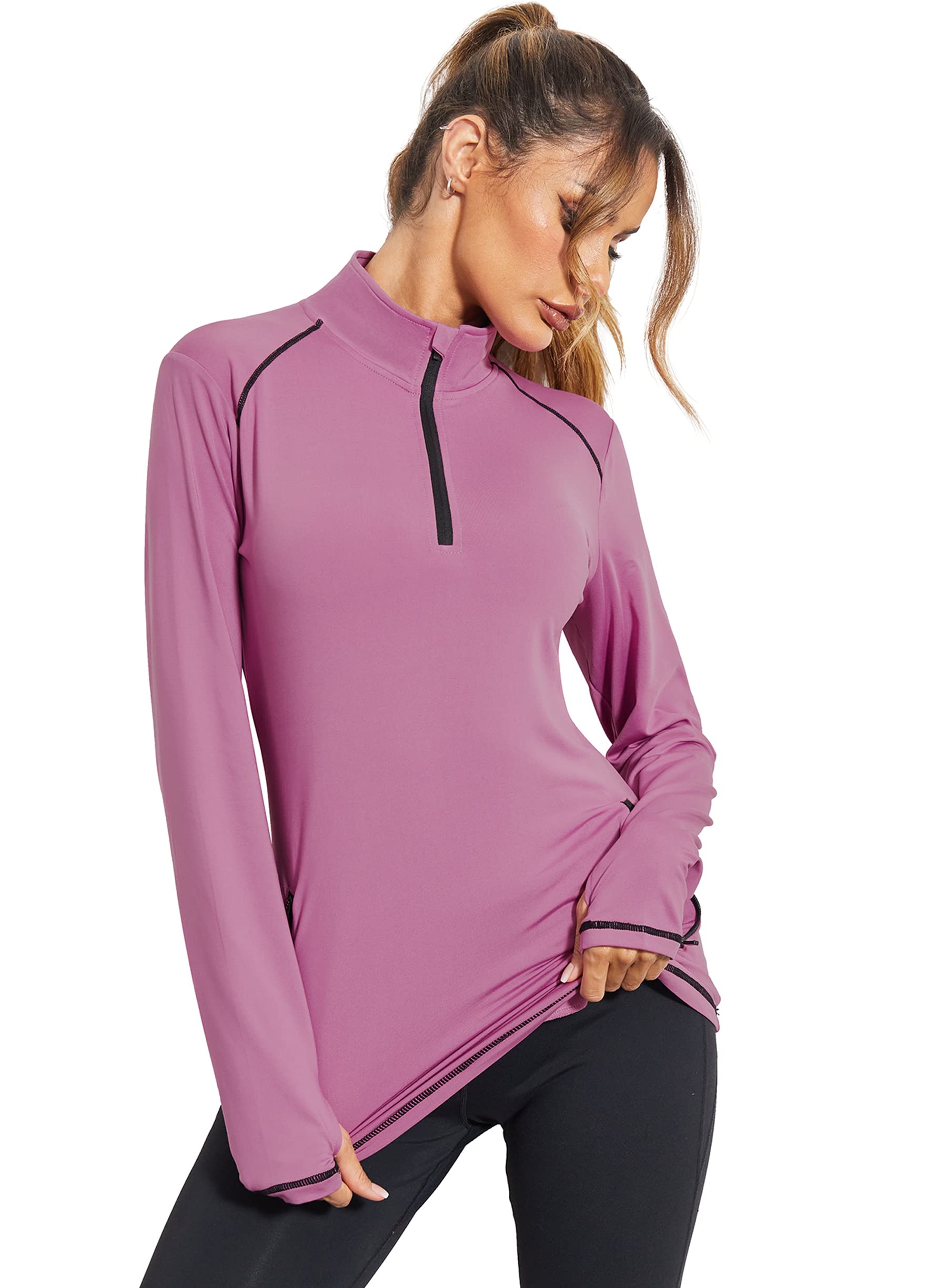 Women's Fleece Running Pullover Thermal Hiking Shirt Golf Shirt Long Sleeve Half Zip Exercise Winter Jacket Purple M