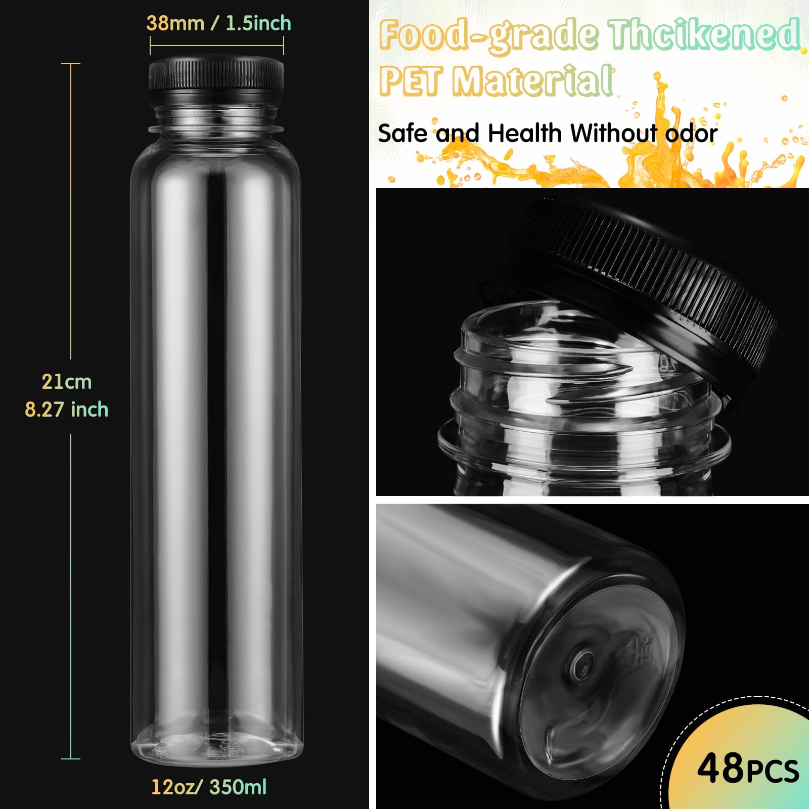 Patelai 48 Pcs Plastic Juice Bottles with Caps Bulk 12oz Juice Containers for Fridge Empty Reusable Smoothie Bottle Juicing Bottles with Lids Clear Drink Containers for Drinking and Other Beverages
