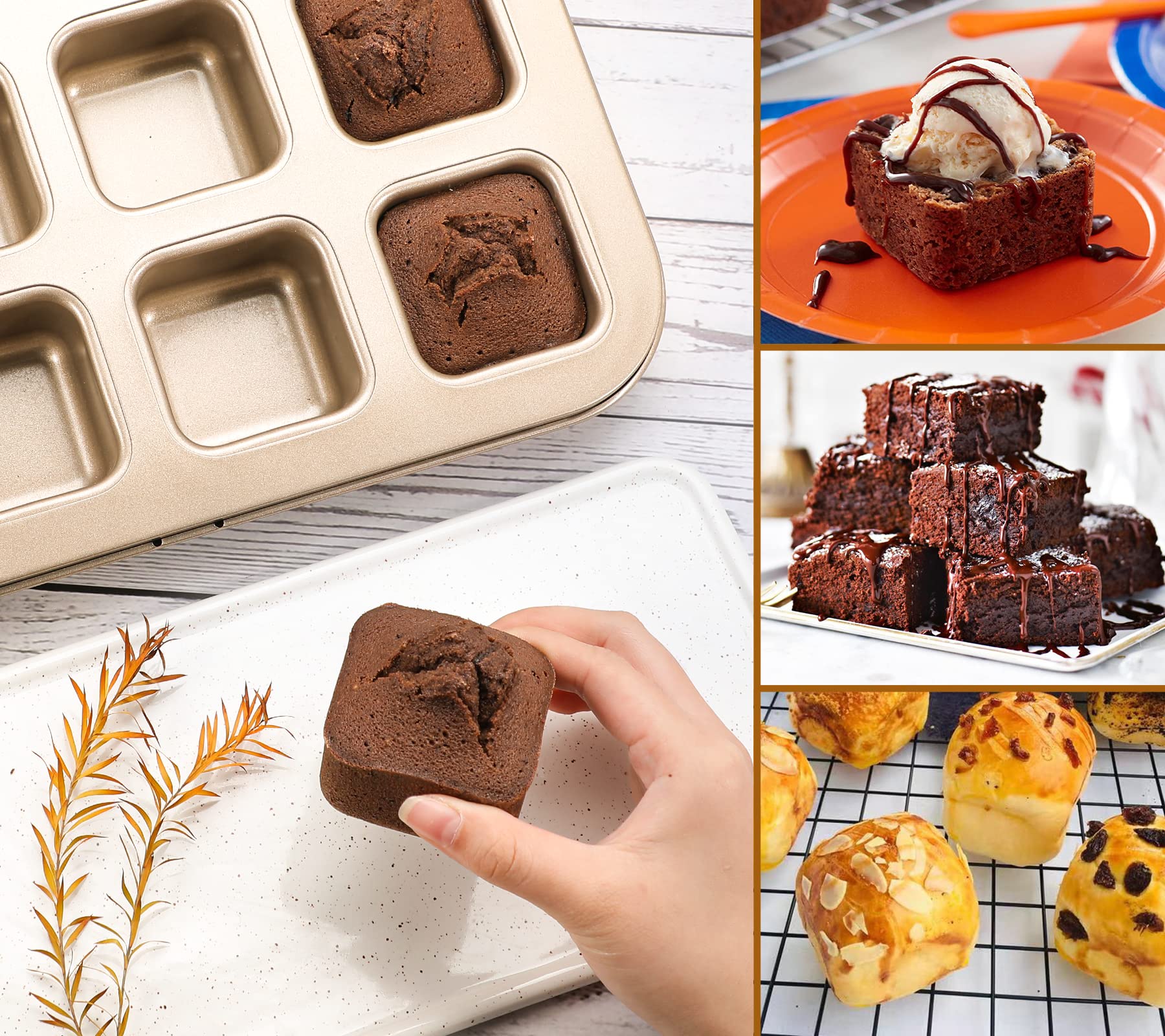 Webake Brownie Cake Pan, 12-Cavity Non-Stick Square Muffin Pan 1.6 Inch Deep Brownie Mold Small Cake Pan Bakeware for Oven Baking (Champagne Gold)
