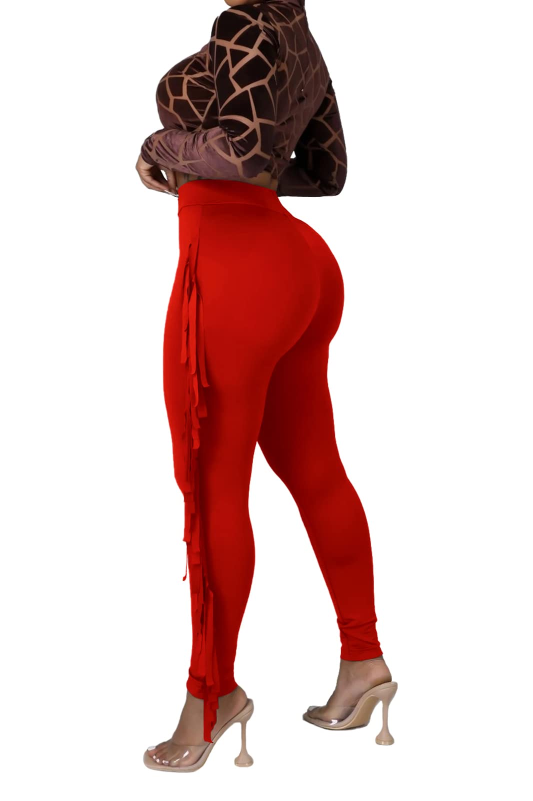 Women's Fringe Pants Casual High Waist Solid Bodycon Side Tassel Pants Yoga Pants Sweatpants Bandage Pants Red Large