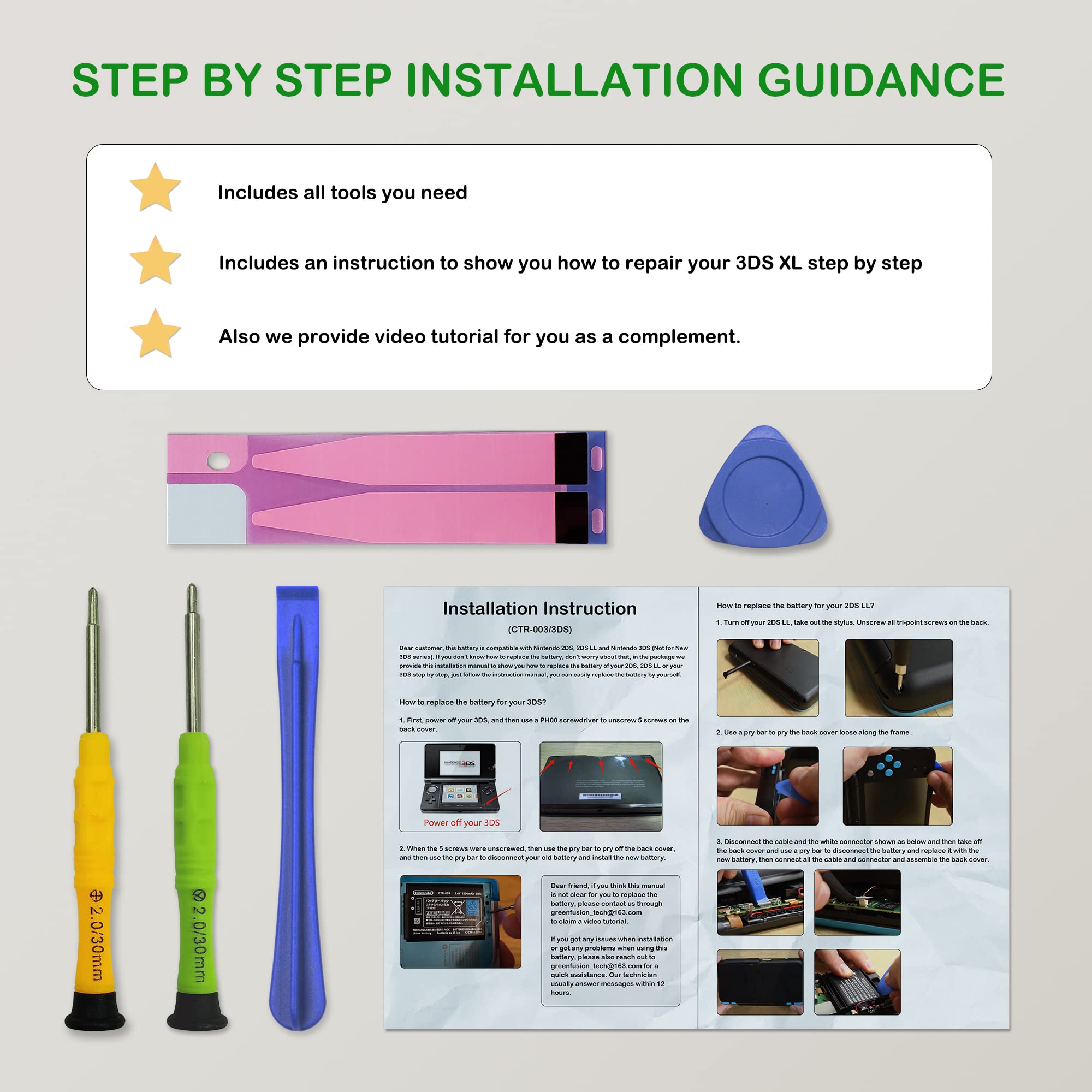 Upgraded 3DS & 2DS & 2DS XL Battery Replacement with Video Tutorial, CTR-003 Battery for Nintendo 3DS/2DS/2DS XL(Not for 3DS XL/New 3DS) 2000mAh with Repair Toolkit and Installation Manual