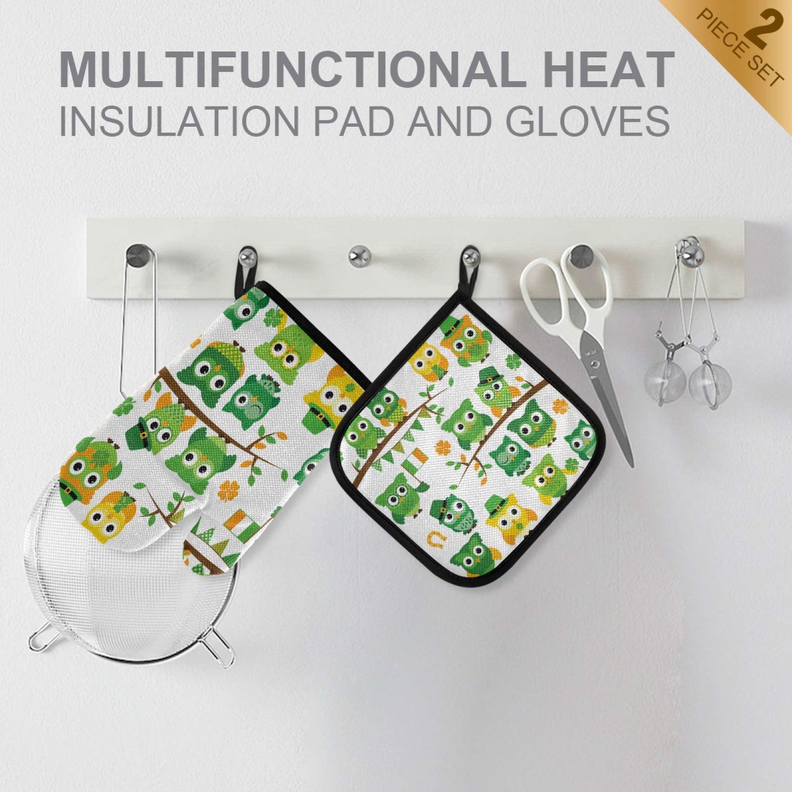 St Patrick Owls Oven Mitt and Hot Pads Set,Good Luck Cooking Heat Resistant Potholder Glove 2pcs for Kitchen Cooking BBQ Bakeware