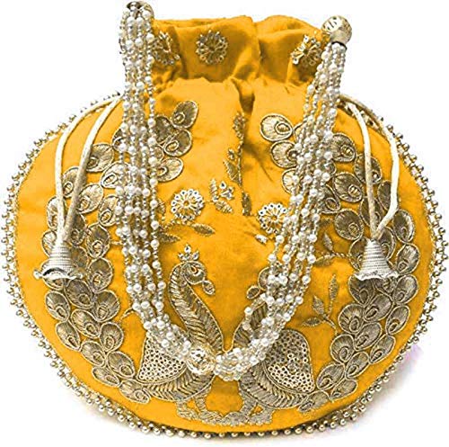 Potli Bag for Women yellow Indian Pearls Handle Purse Wedding Ethnic Designer Clutch Embroidered Silk Gifts Batwa H*L(cm):- 23 * 24)
