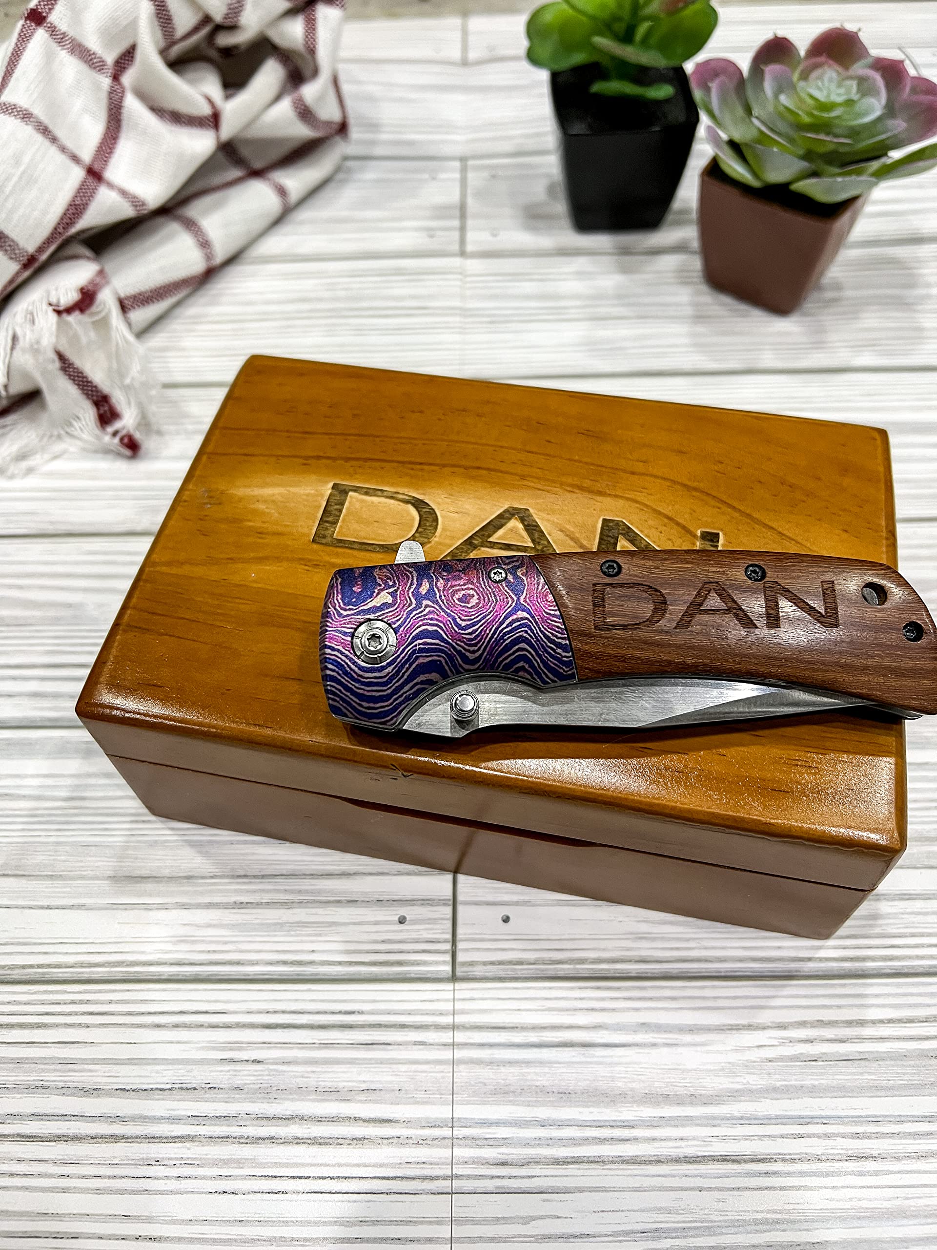 Personalized POCKET KNIFE Engraved Wood Folding Knive Stainless Steel l Standard Edge 5" Blade Wood Handle With Ultra-Secure & Comfortable Belt Clip Custom Gifts for Him Men Dad Boyfriend Father Husband Anniversary Groomsmen (Knife Engraved)