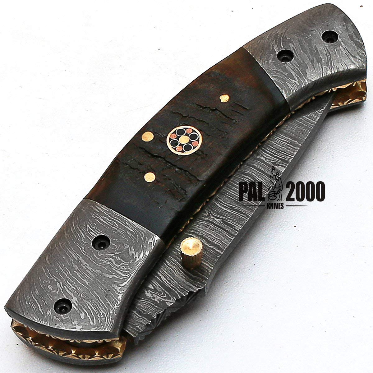 PAL 2000 KNIVES REG-8851 Custom Handmade Damascus Steel Folding Ram Handle Knife With Sheath