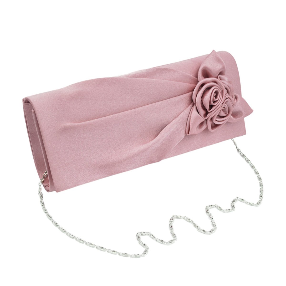 Premium Rose Floral Pleated Satin Flap Clutch Evening Bag, Teal