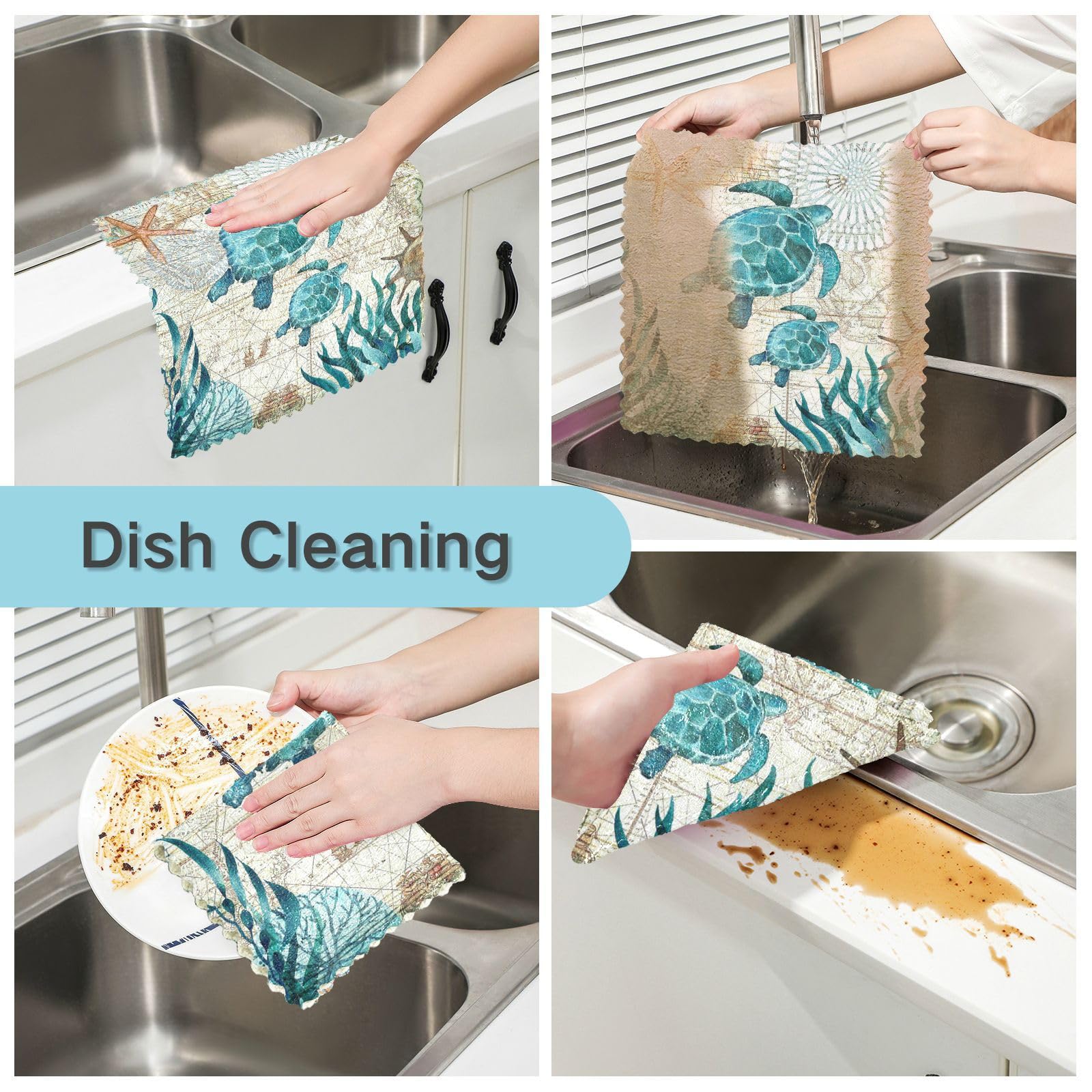 senya Vintage Ocean Sea Turtle Starfish Map Print Dish Cloths 6 Pack Dish Towels Reusable Cleaning Cloths Kitchen Hand Towels