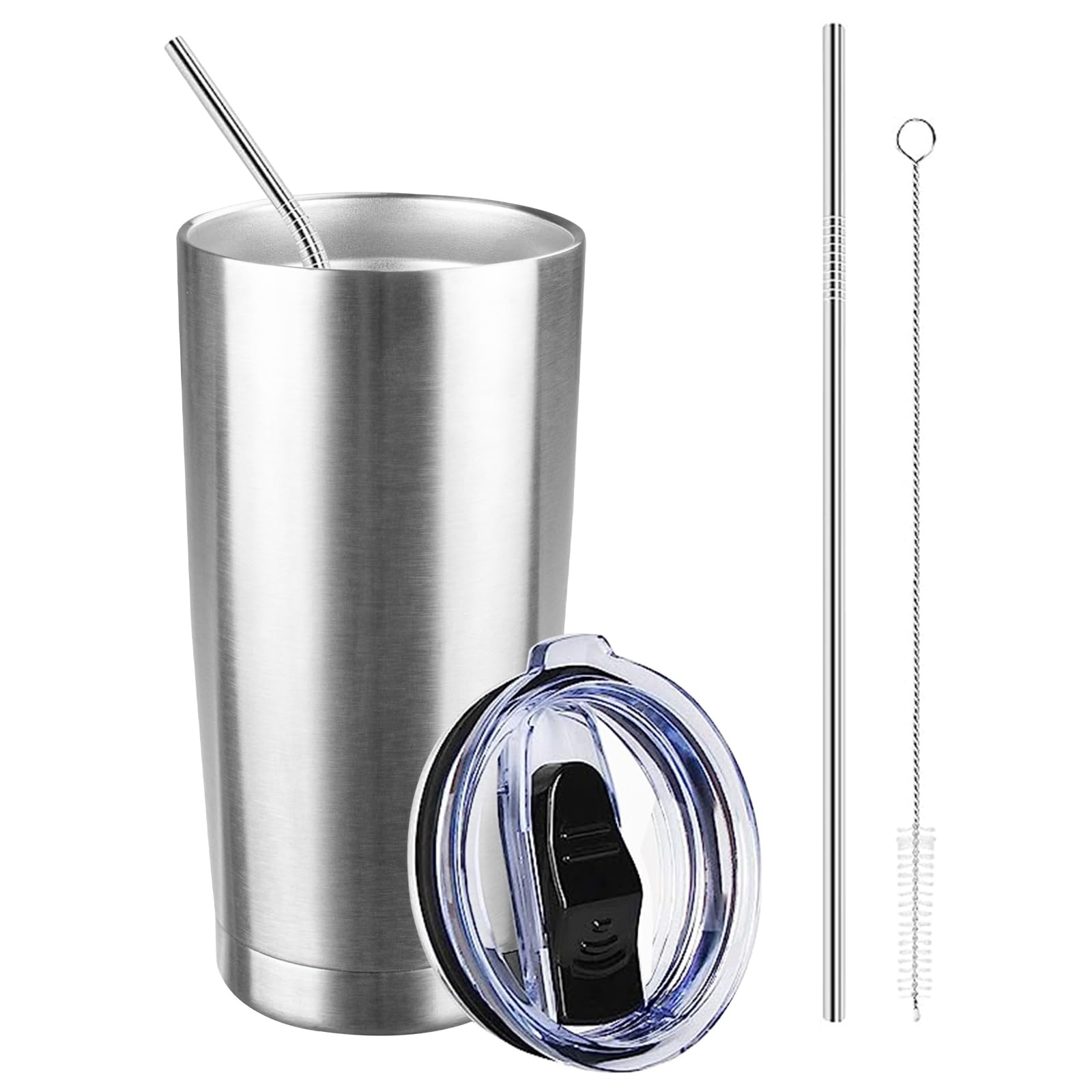 MEZMUT 20oz Insulated Tumblers with Lids and Straws Stainless Steel Coffee Tumbler Cup Double Wall Vacuum Travel Coffee Mugs for Home, Office, Outdoor(Silver,1 Pack)