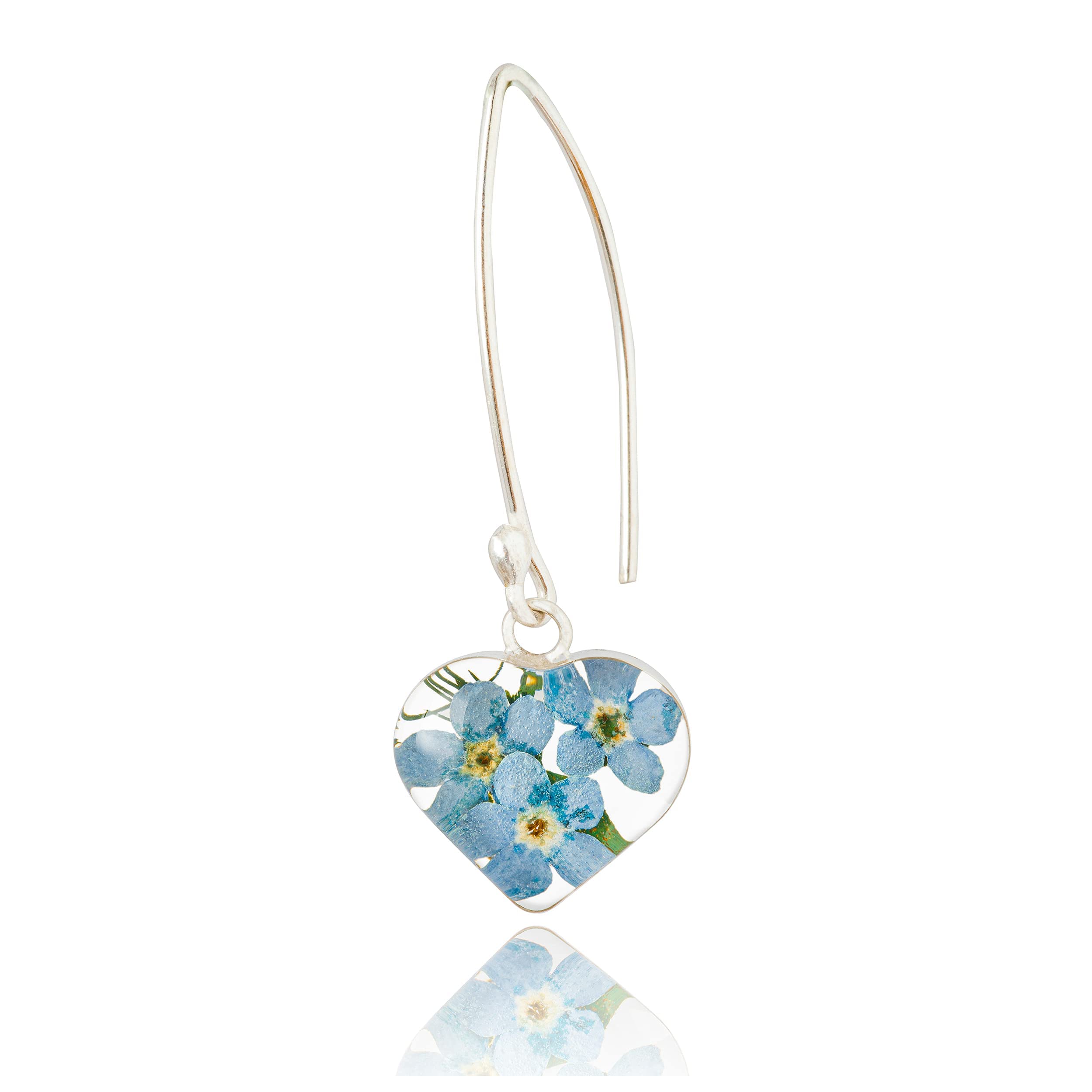 TAMI Silver Earrings with Real Blue Forgetmenot and 18, Heart Pressed Flower Jewelry