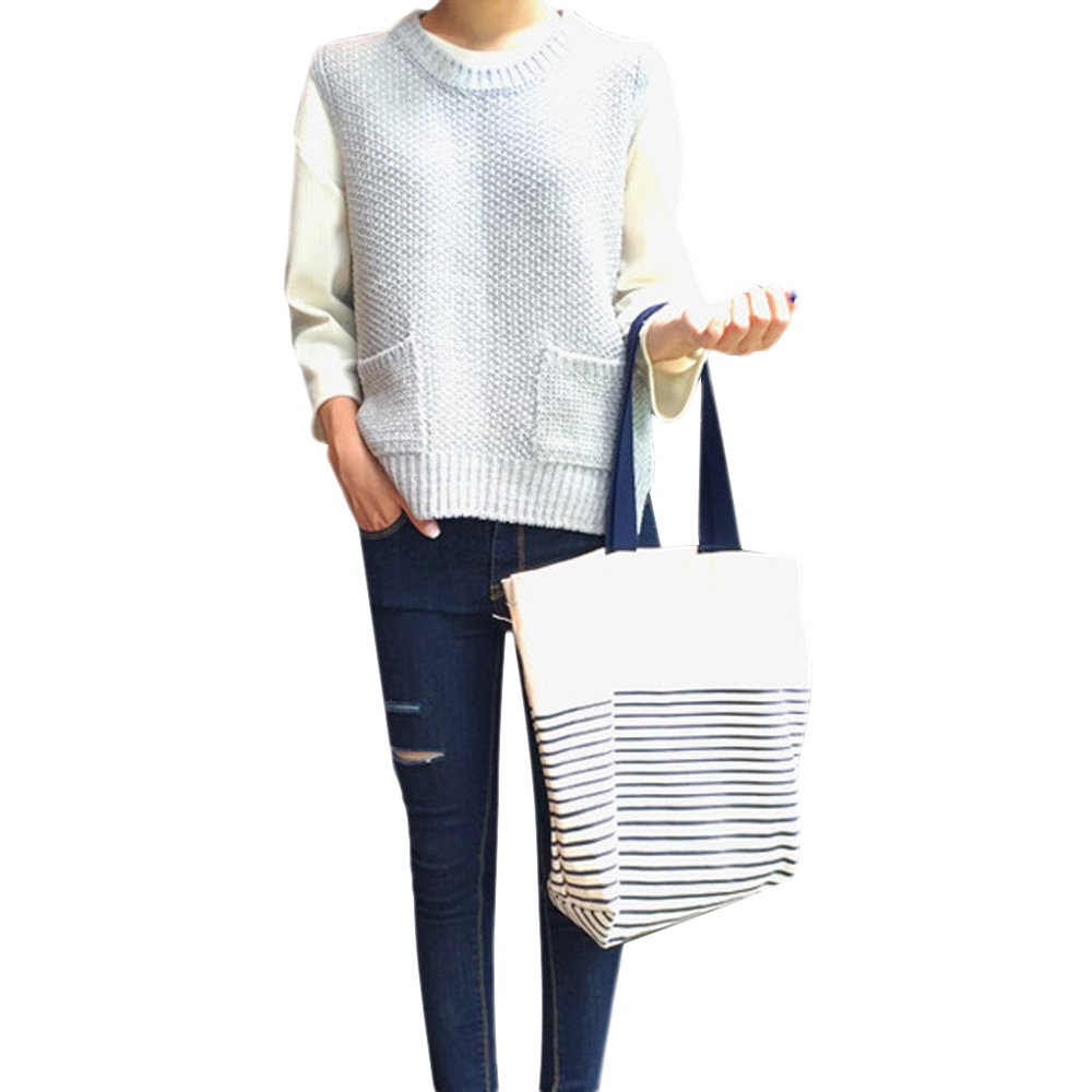 Nuni Black Stripe Pattern Canvas Tote Bag Shoulderbag White, Black Handles, Medium