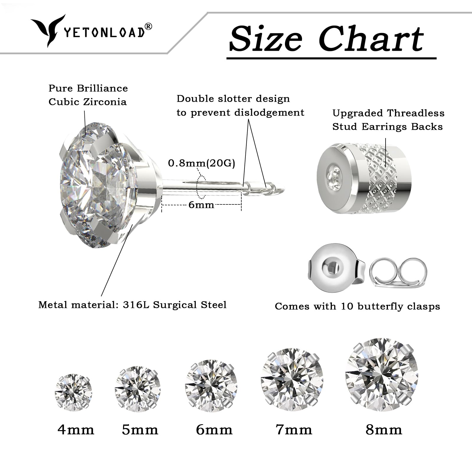 Women's Hypoallergenic Stainless Steel Cubic Zirconia Earrings Studs Set Multi-Pack, CZ Stud Earrings for Men 5 pairs 4-8mm (Silver)