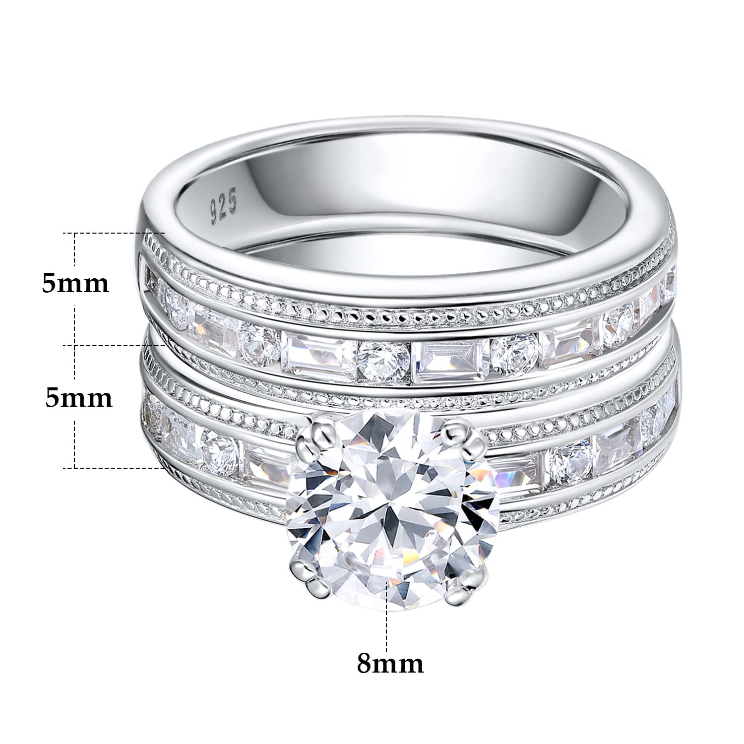 TIKJE Two-in-One Wedding Bands Set Sterling Silver Engagement Rings Set S925 Bridal Promise Ring Bulky Eternity Band for Women 2 pc Size 8