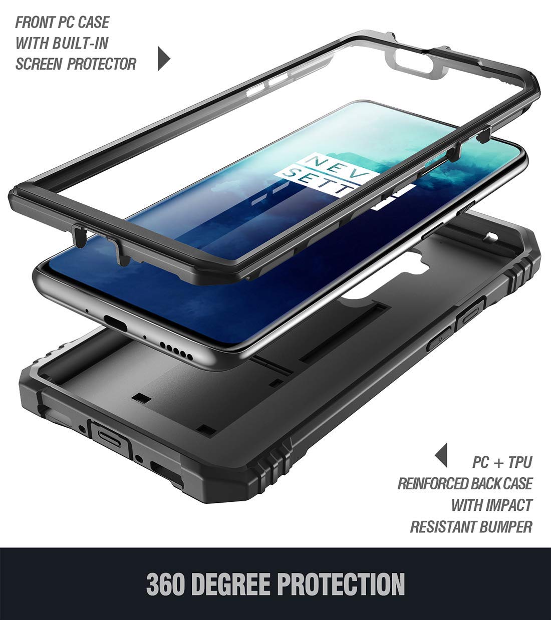 Poetic Revolution Case for OnePlus 7, [20FT Mil-Grade Drop Tested], Full-Body Rugged Dual-Layer Shockproof Protective Cover with Kickstand and Built-in-Screen Protector, Black