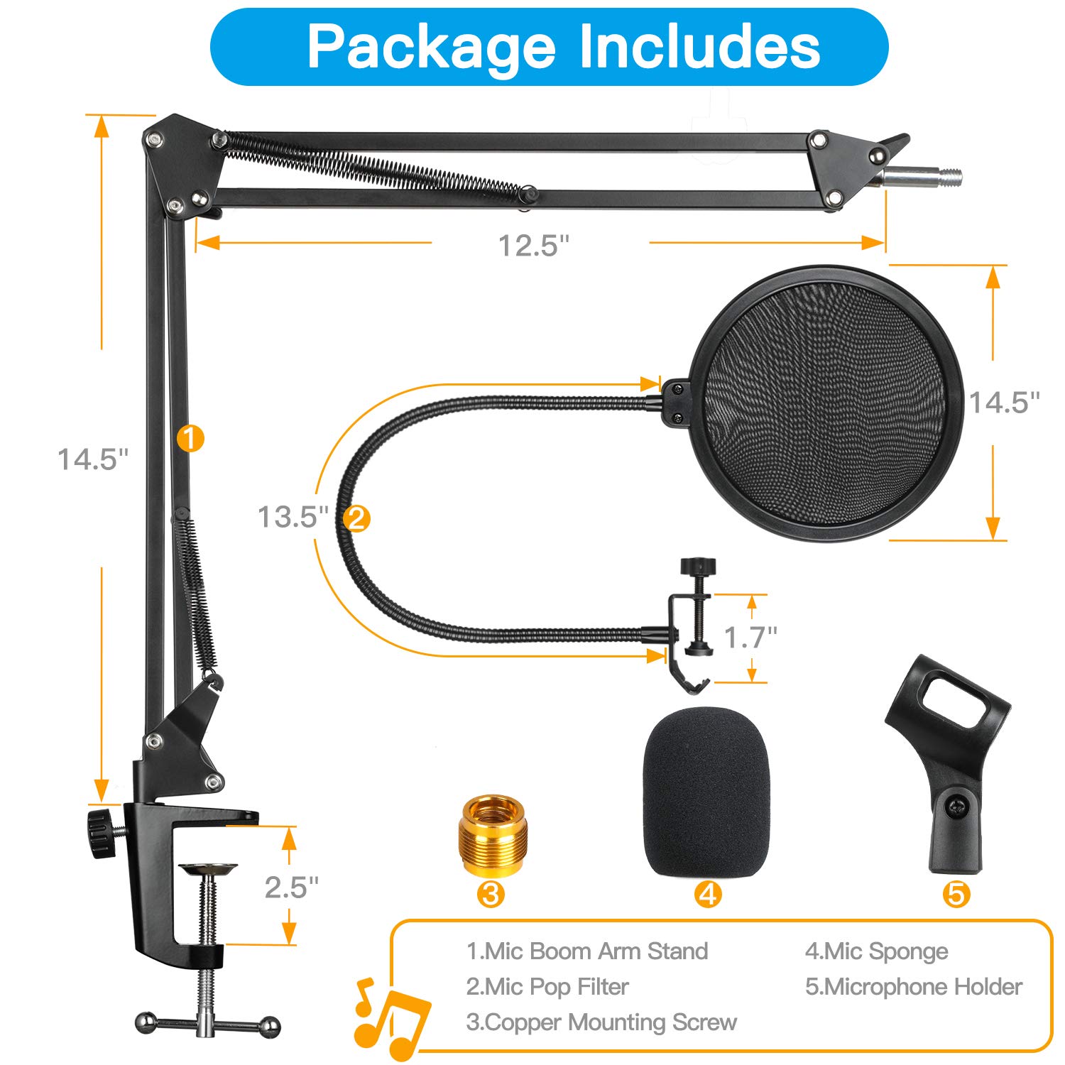 Pipishell Microphone Stand, Mic Stand with Pop Filter and Mic Holder, 5/8”Screw for Blue Yeti, Snowball, Spark, Yeti x and All Other Microphones -PIMS01