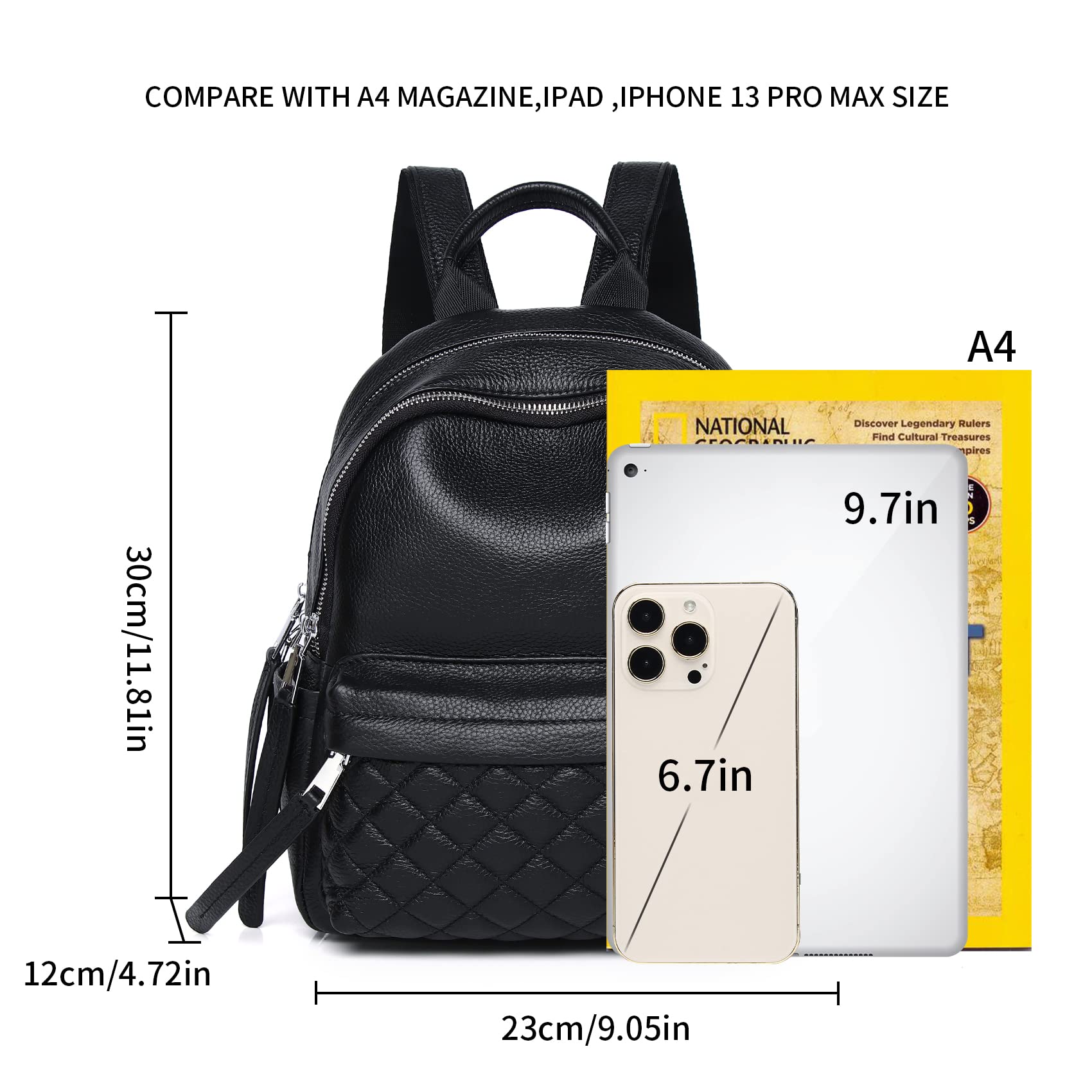 Wesccimo Genuine Leather Backpack Purse For Women Small Size Black Quilted Real Soft Leather Casual Daypack Backpack