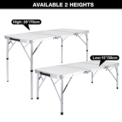 REDCAMP Tri-fold Aluminum Folding Table 4 Feet, Lightweight Portable Long Camping Table with Adjustable Heights Legs, Foldable for Indoor Outdoor Picnic, White